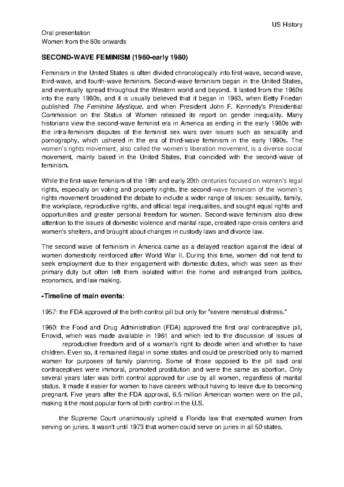 Feminism in the USA from the 60s onwards - Oral presentation Women from ...