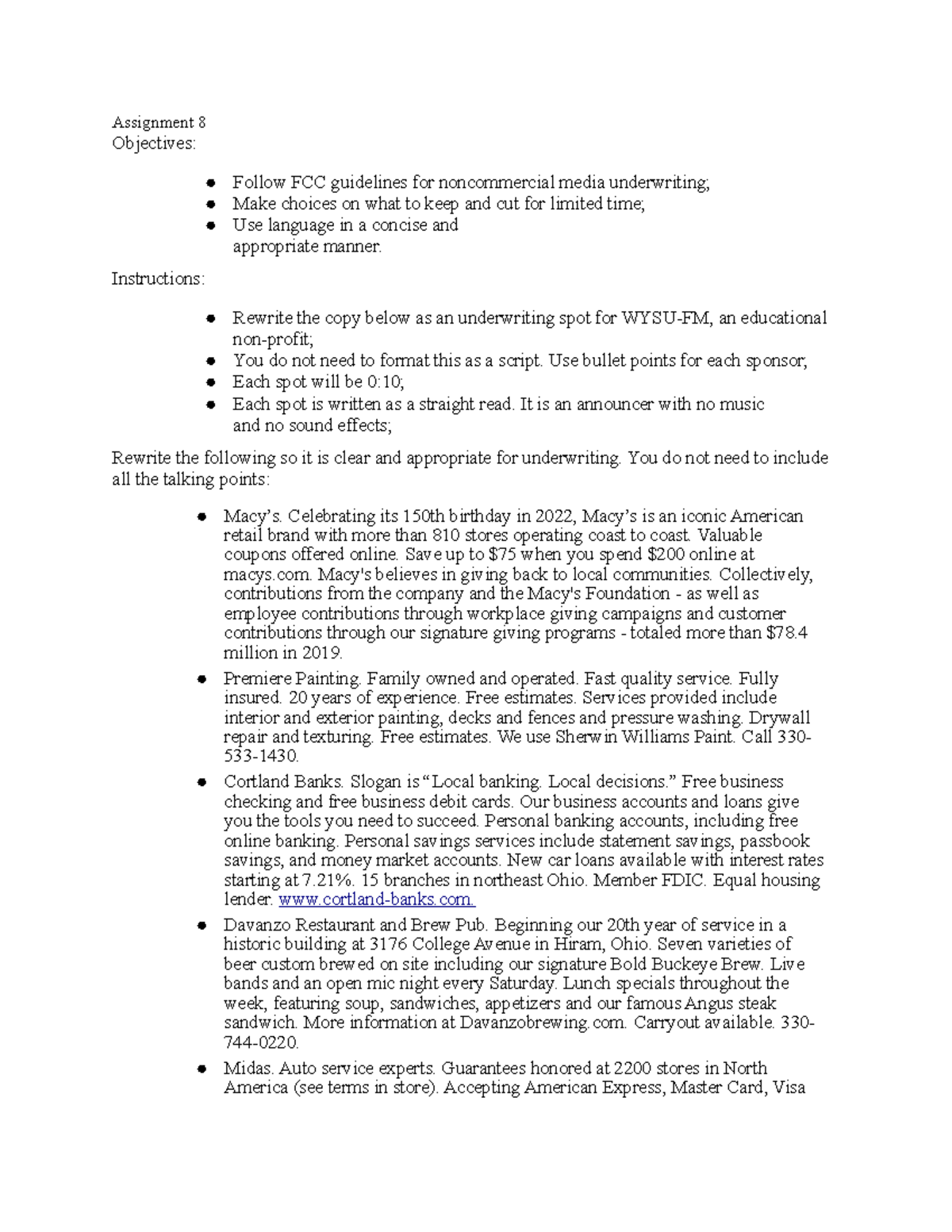 Assignment 8 - Rewrite the copy below as an underwriting spot for WYSU ...