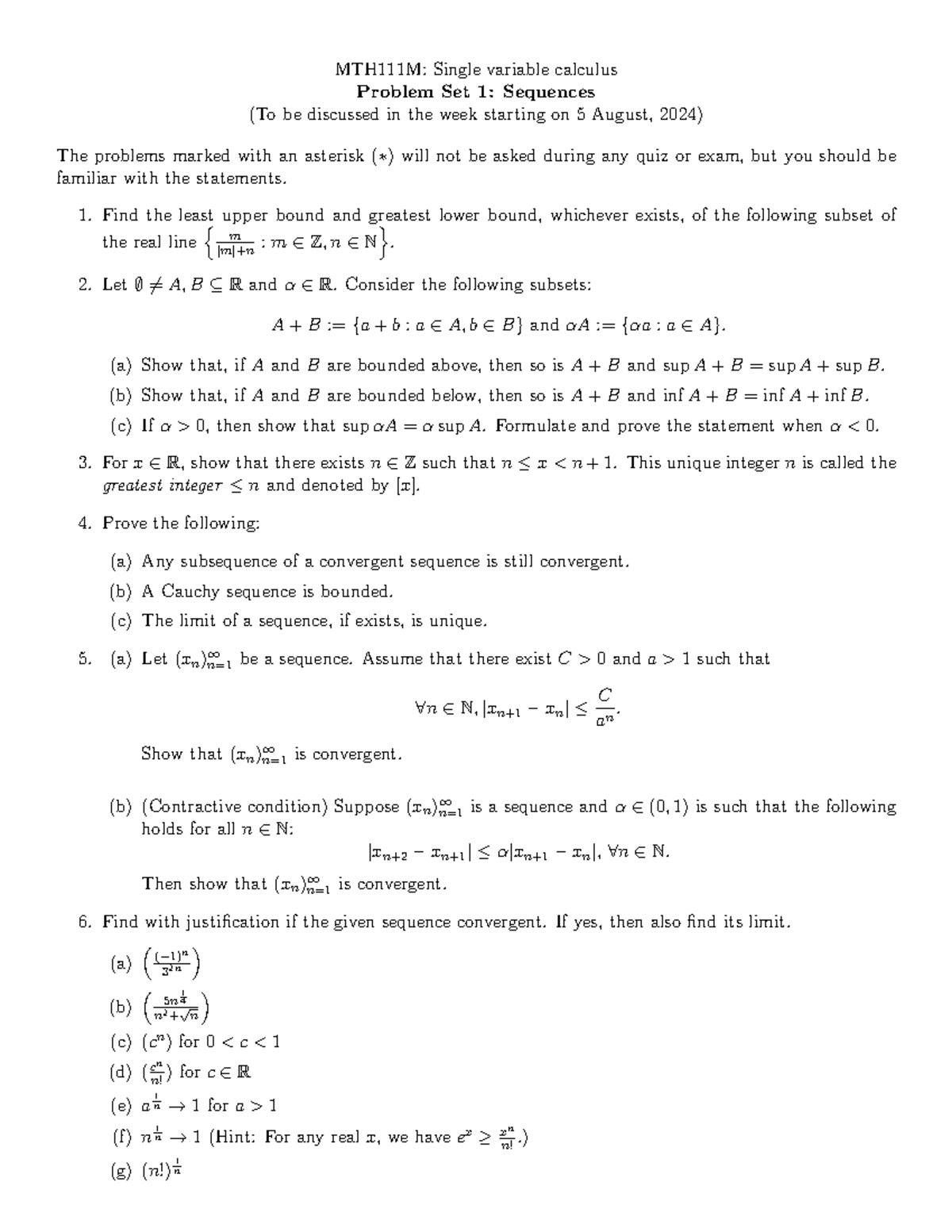 MTH111M Assign 1 - asdv - MTH111M: Single variable calculus Problem Set 1: Sequences (To be ...