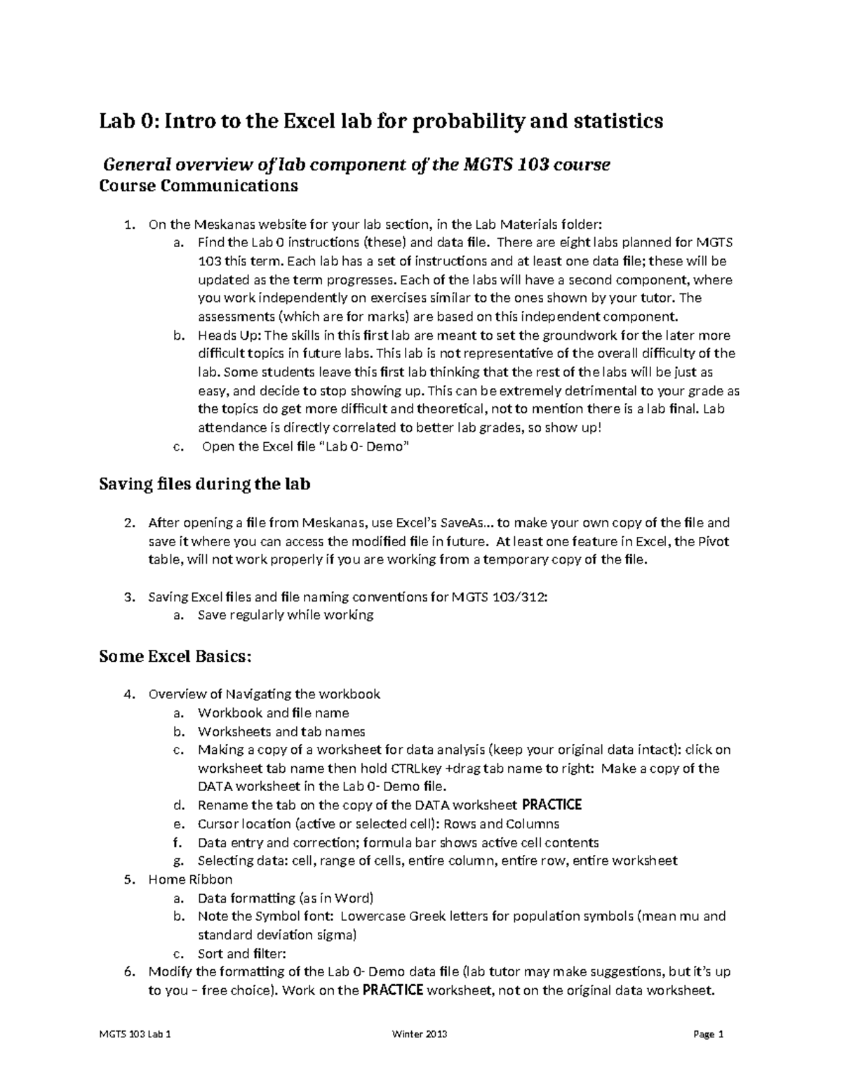 Lab 0- Instructions - n/a - Lab 0: Intro to the Excel lab for probability and statistics General ...