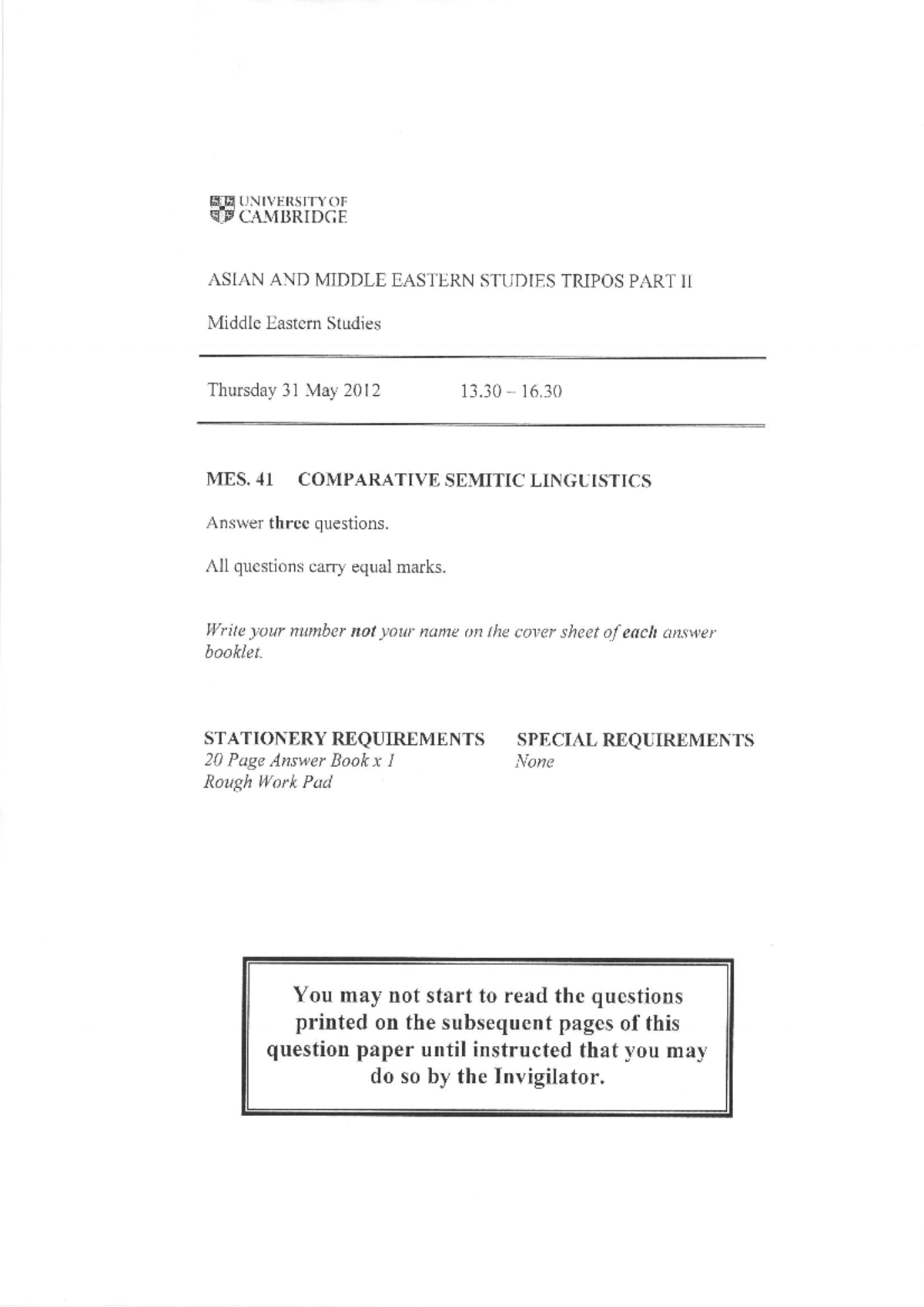 Exam 2012, questions - UNIVERSITYOF CAMBRIDGE ASIAN AND MIDDLE EASTERN ...