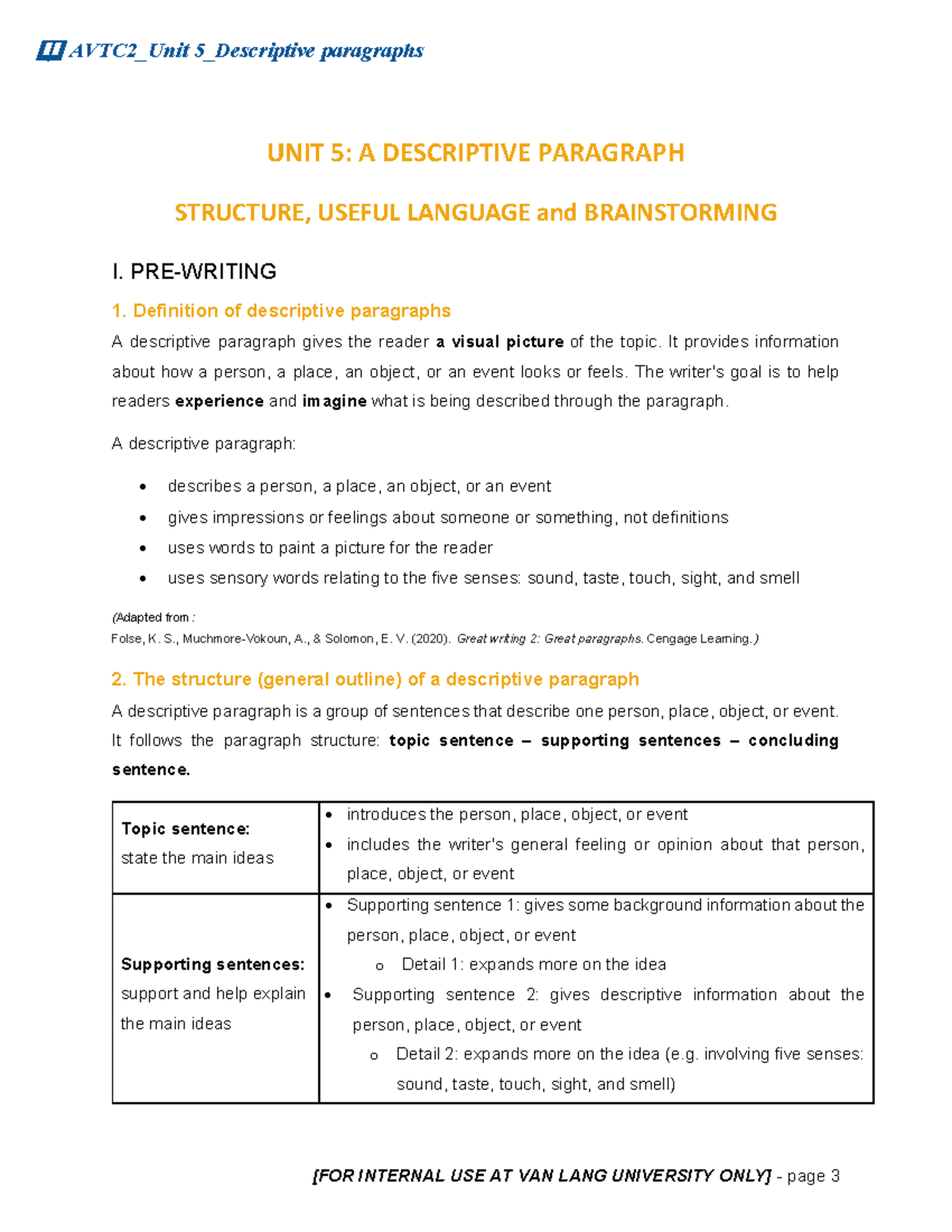 AVTC2 Unit 5 Before class - UNIT 5: A DESCRIPTIVE PARAGRAPH STRUCTURE ...