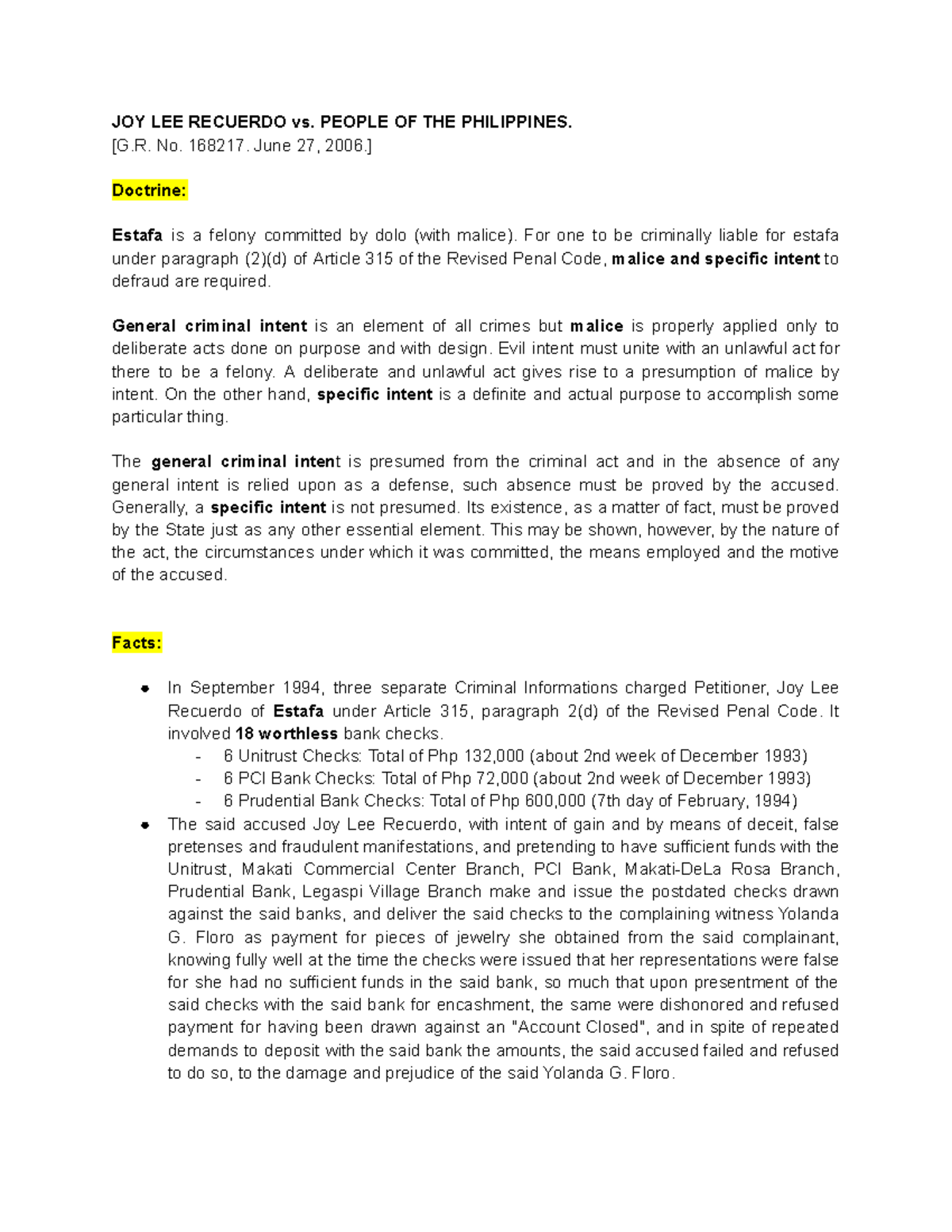 Recuerdo vs. People - JOY LEE RECUERDO vs. PEOPLE OF THE PHILIPPINES ...