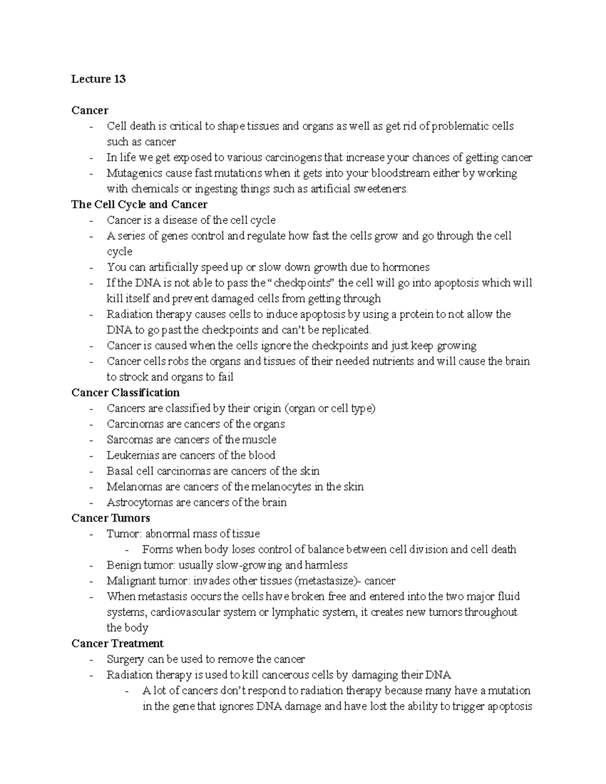 Cancer - Lecture notes 13 - Lecture 13 Cancer - Cell death is critical ...