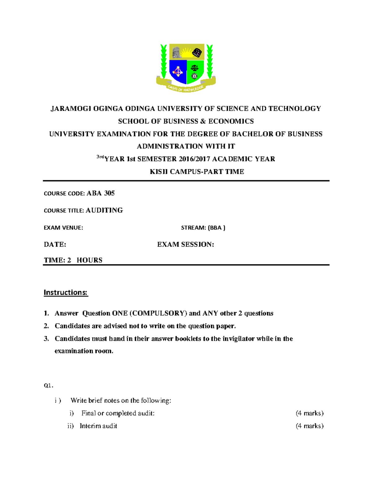 Auditing - Revision - JARAMOGI OGINGA ODINGA UNIVERSITY OF SCIENCE AND ...