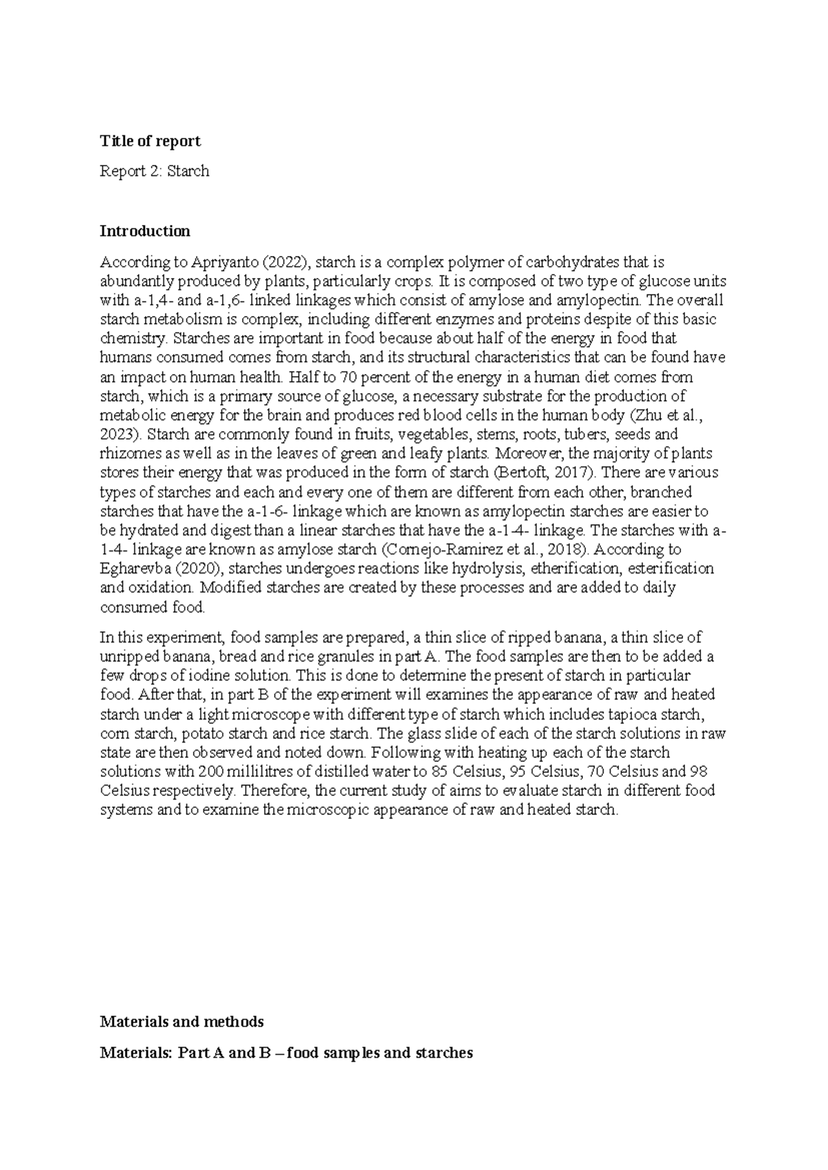 FST1800 lab report 2 starch 1 - Title of report Report 2: Starch Introduction According to ...