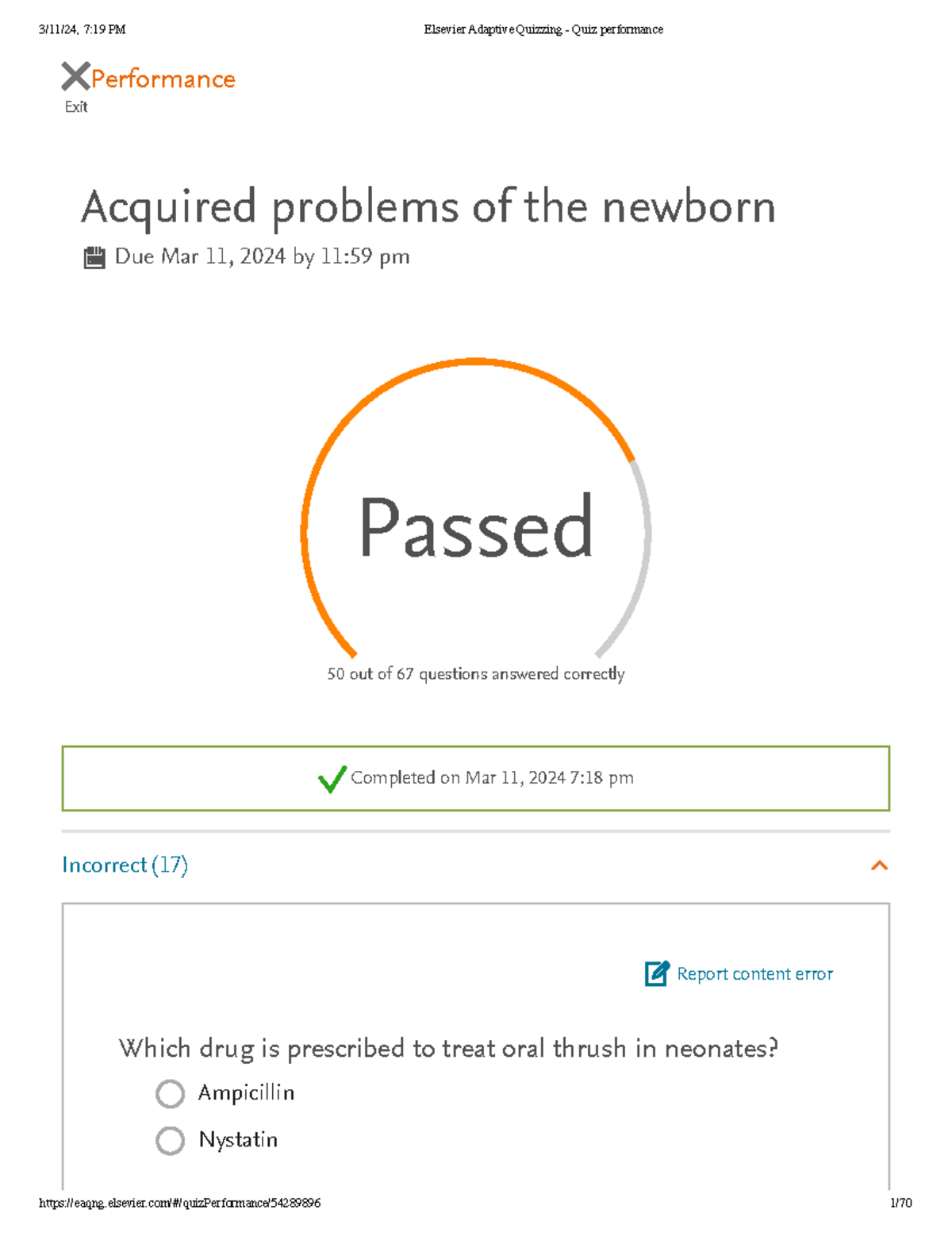Elsevier Adaptive Quizzing Quiz Performance Exit Performance Acquired Problems Of