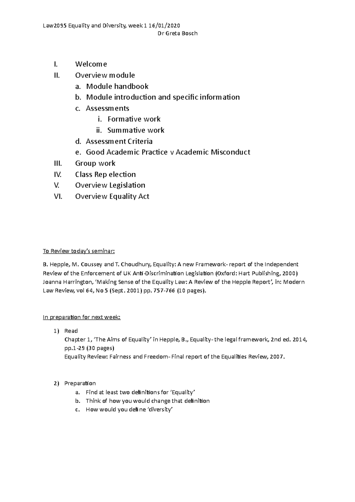 Handout week 1 - week 1 work - Law2095 Equality and Diversity, week 1 ...