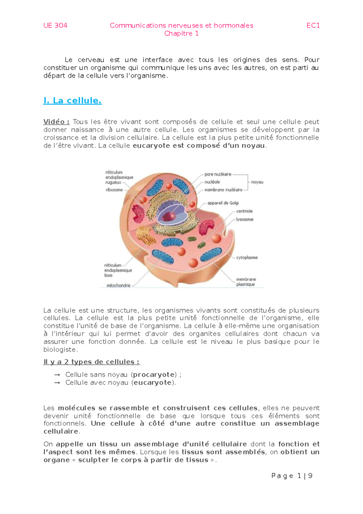 Communications nerveuses et hormonales L2 - La cellule - Chapitre 1 Le ...