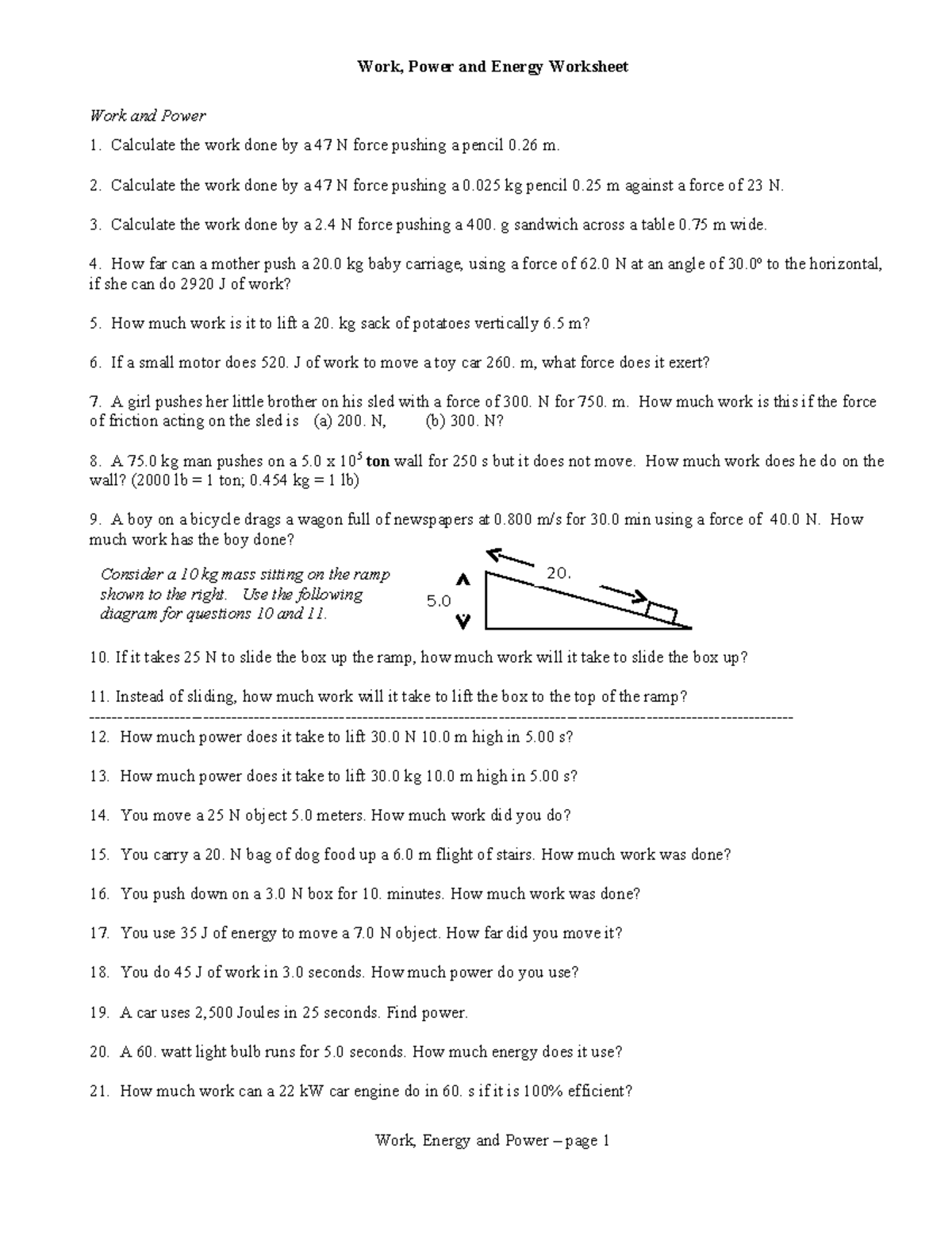 Work energy and power - Work, Power and Energy Worksheet Work and Power ...
