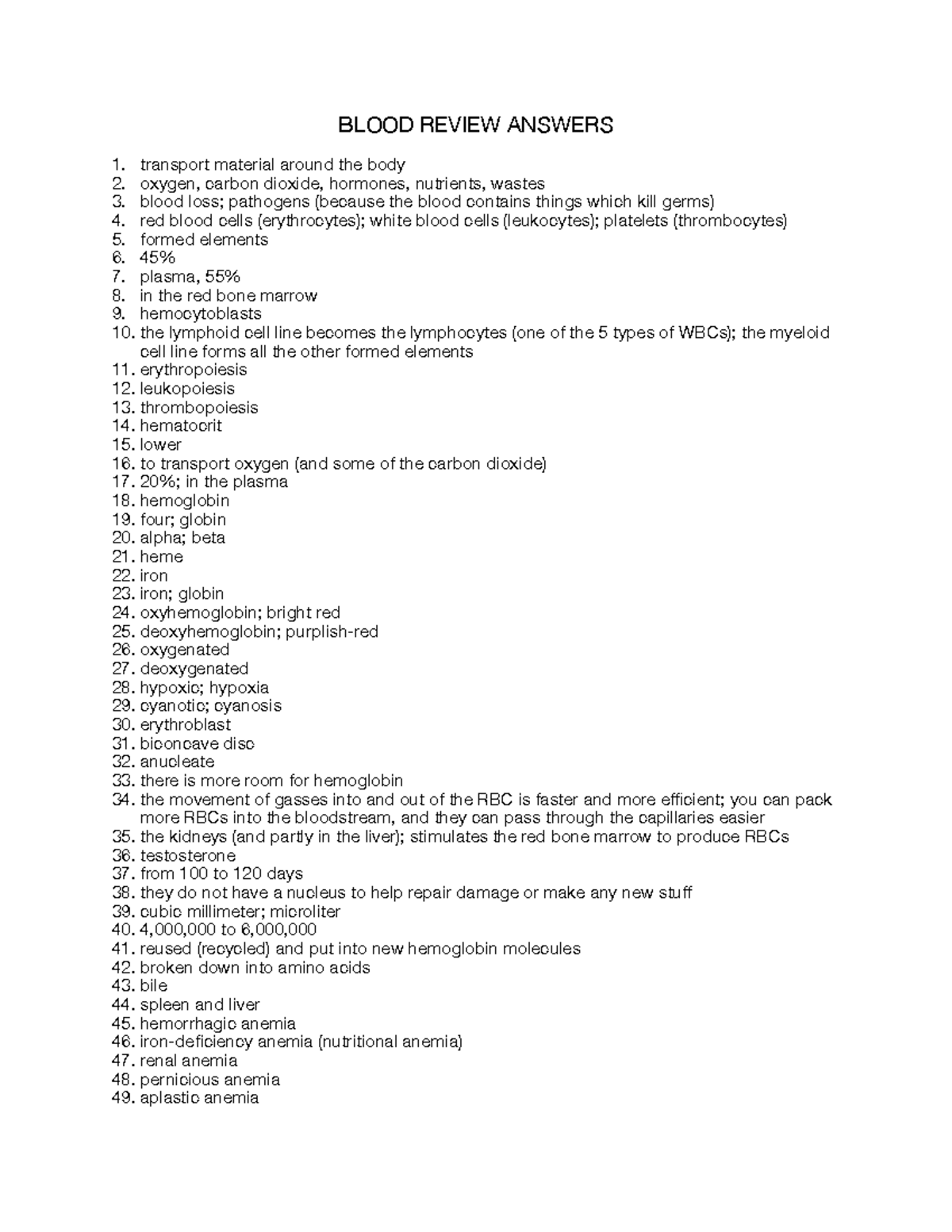 Blood Review Answers - BLOOD REVIEW ANSWERS transport material around ...