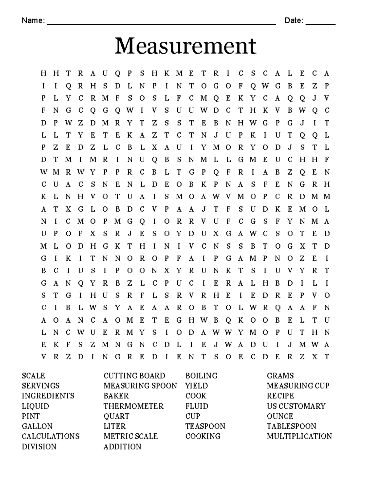 Cooking Measurement Word Search - Name