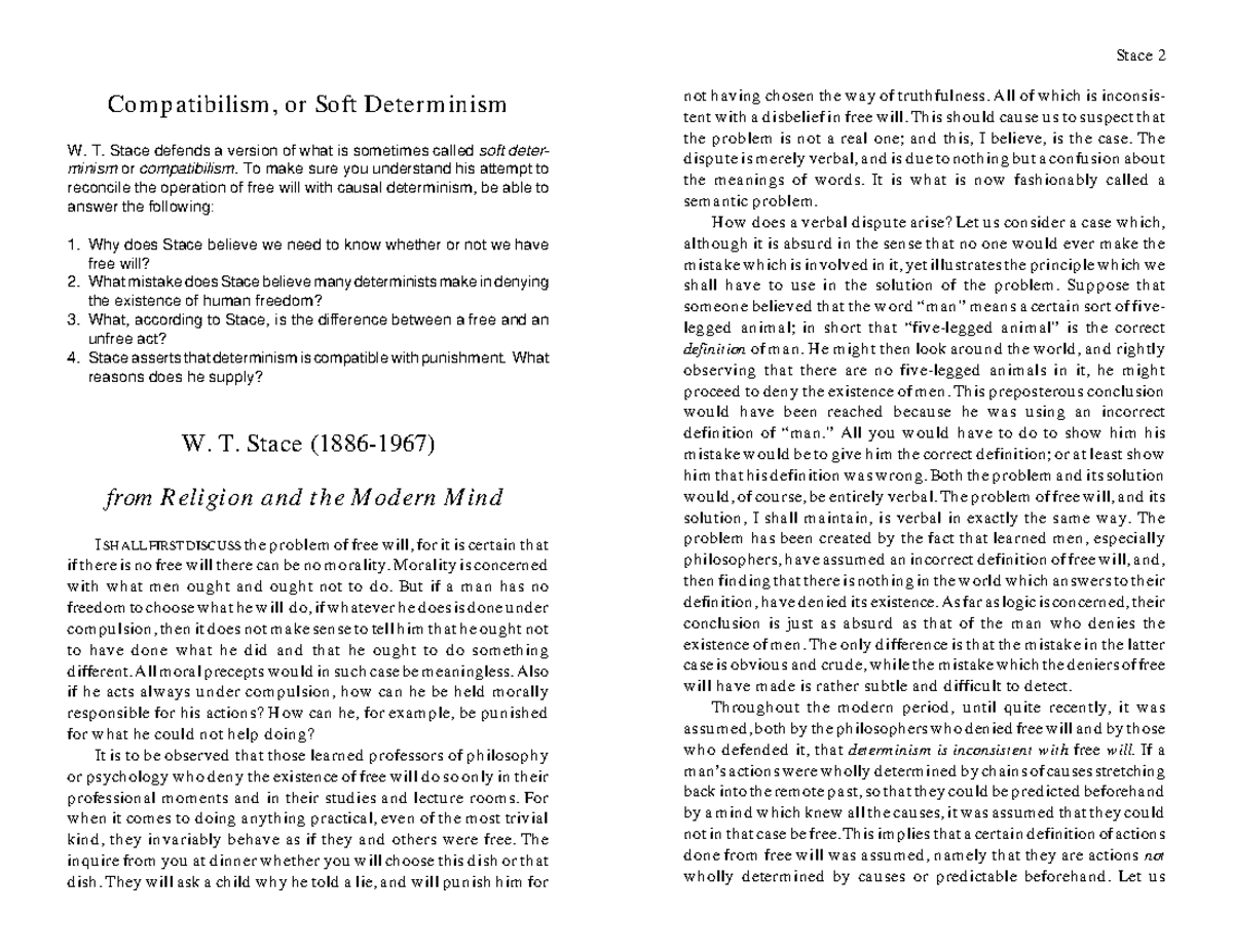Stace, From Religion and The Modern Mind - Compatibilism, or Soft ...