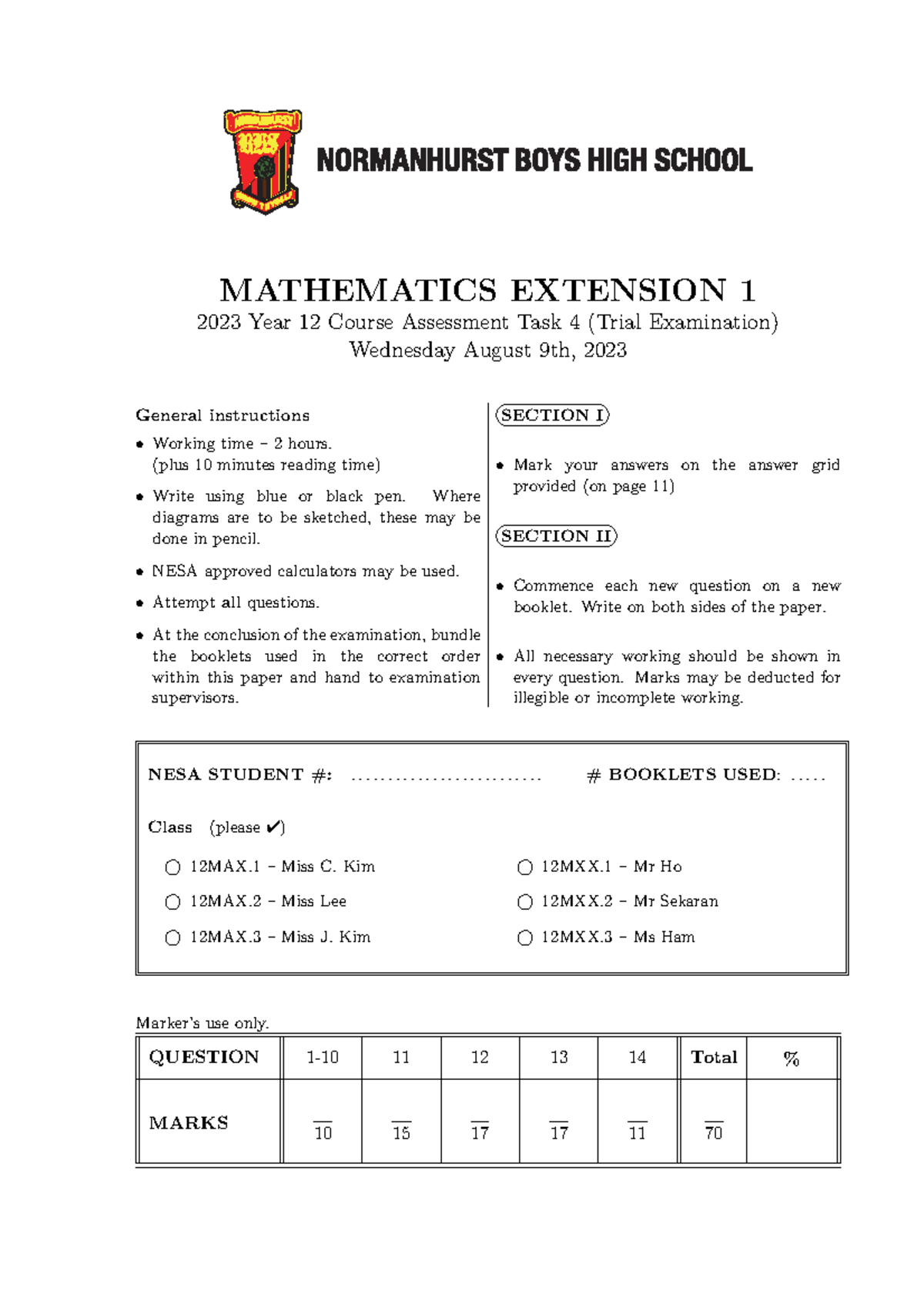 2023Normanhurst BHS Year 12 - Ext 1 Assessment Task 4 Yearly Trial ...