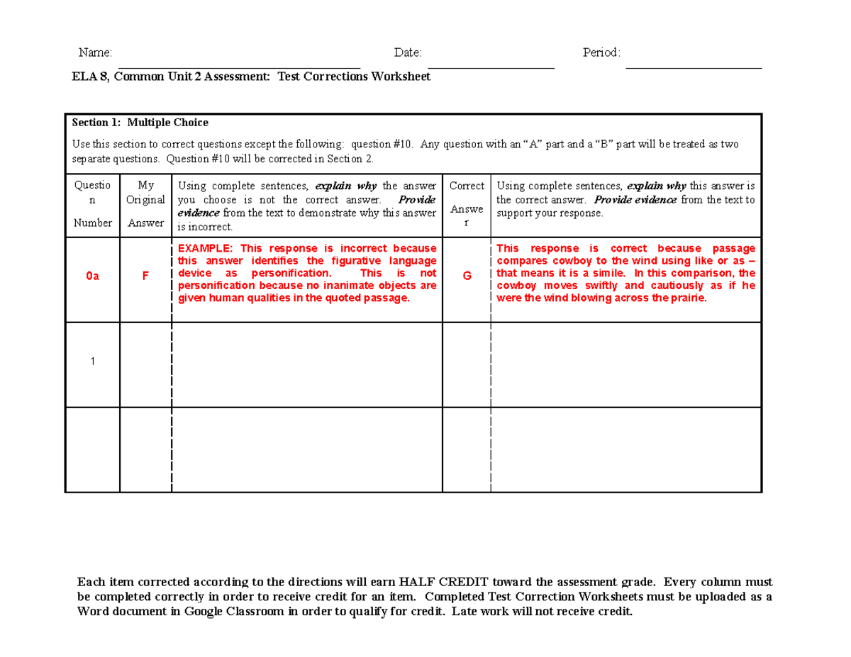 2021-12-16 Unit 2 Test Corrections Worksheet - Name: Date: Period: ELA ...