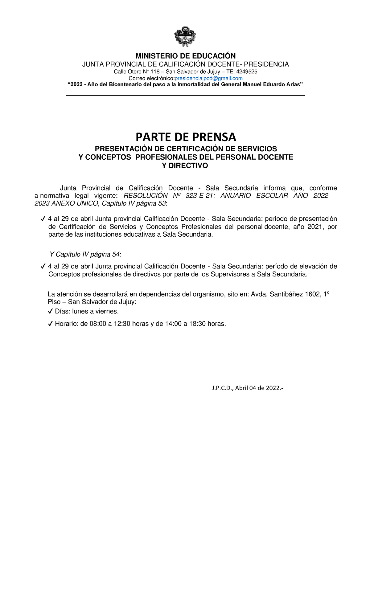 Parte-DE- Prensa 029 - Reosluicin - MINISTERIO DE EDUCACIÓN JUNTA ...