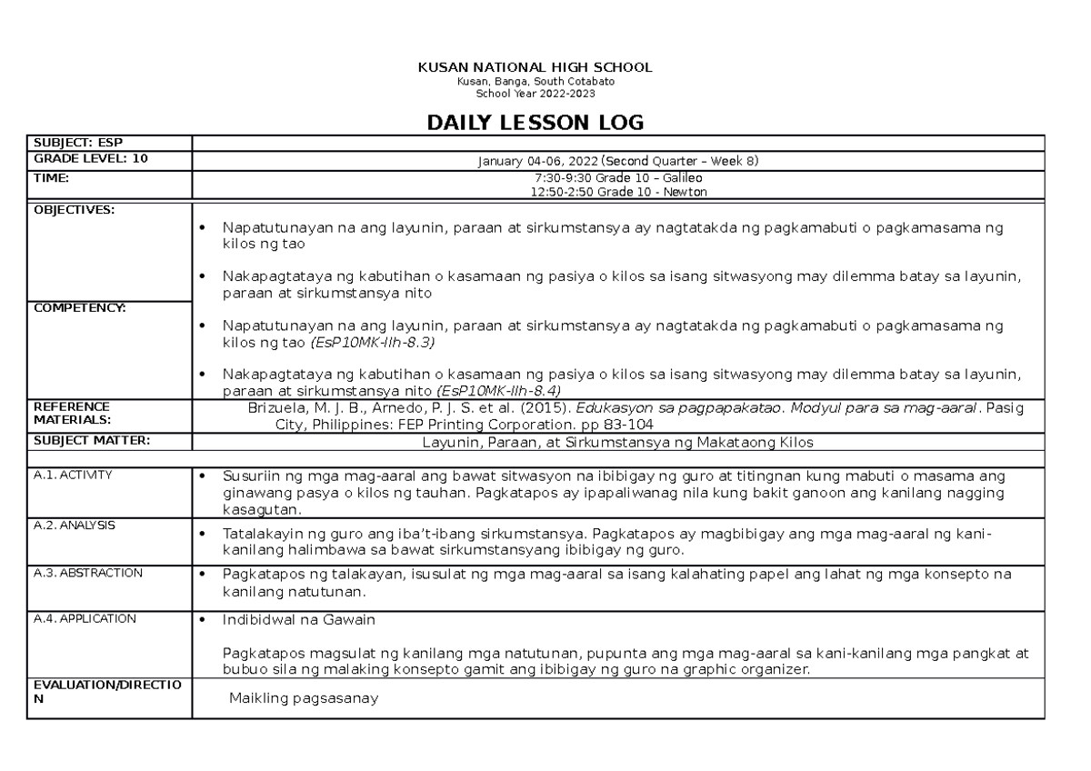 Week 8 - This is a Daily Lesson Log for ESP 10. - KUSAN NATIONAL HIGH ...