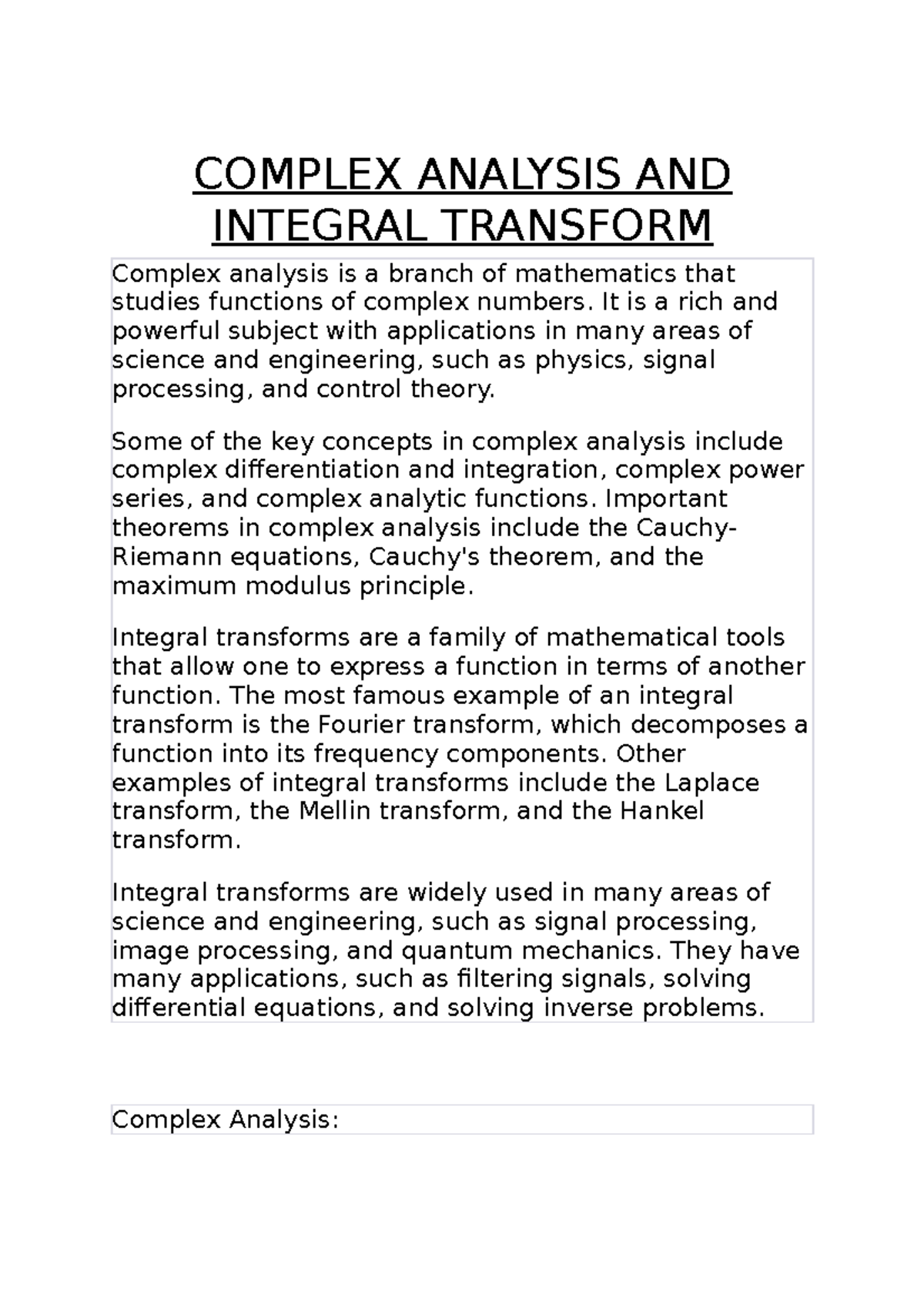 Complex Analysis AND Integral Transform - COMPLEX ANALYSIS AND INTEGRAL ...