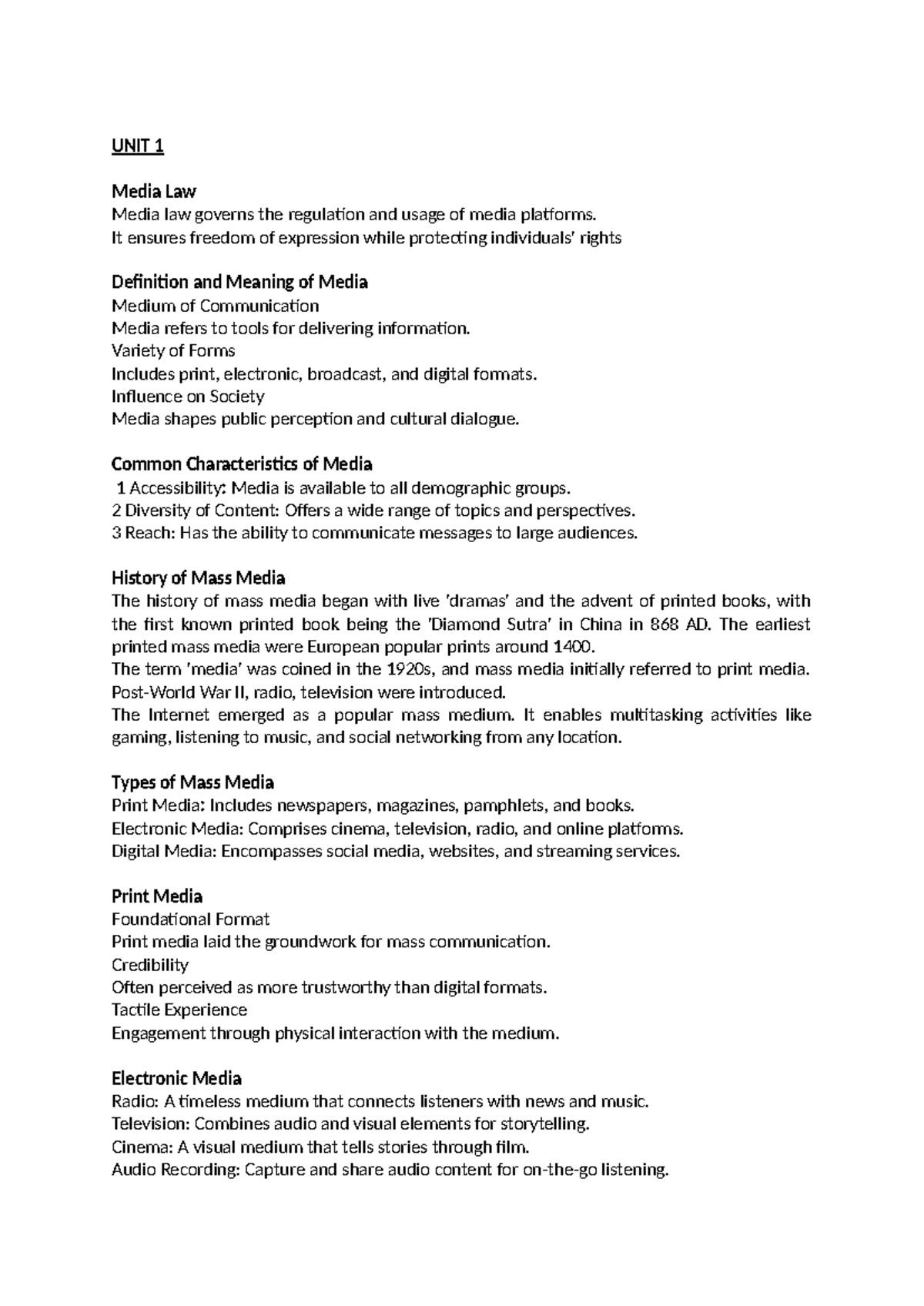 Media law - Notes - UNIT 1 Media Law Media law governs the regulation ...