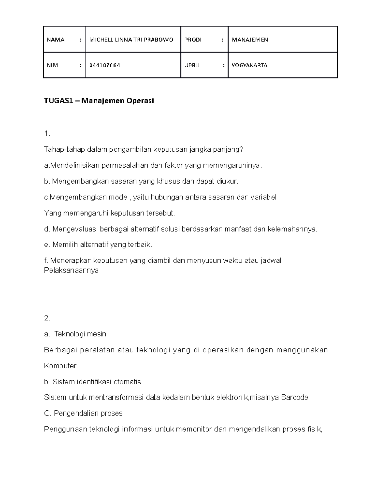Michell 04410766 Manajemen Operasi - TUGAS1 – Manajemen Operasi 1 ...