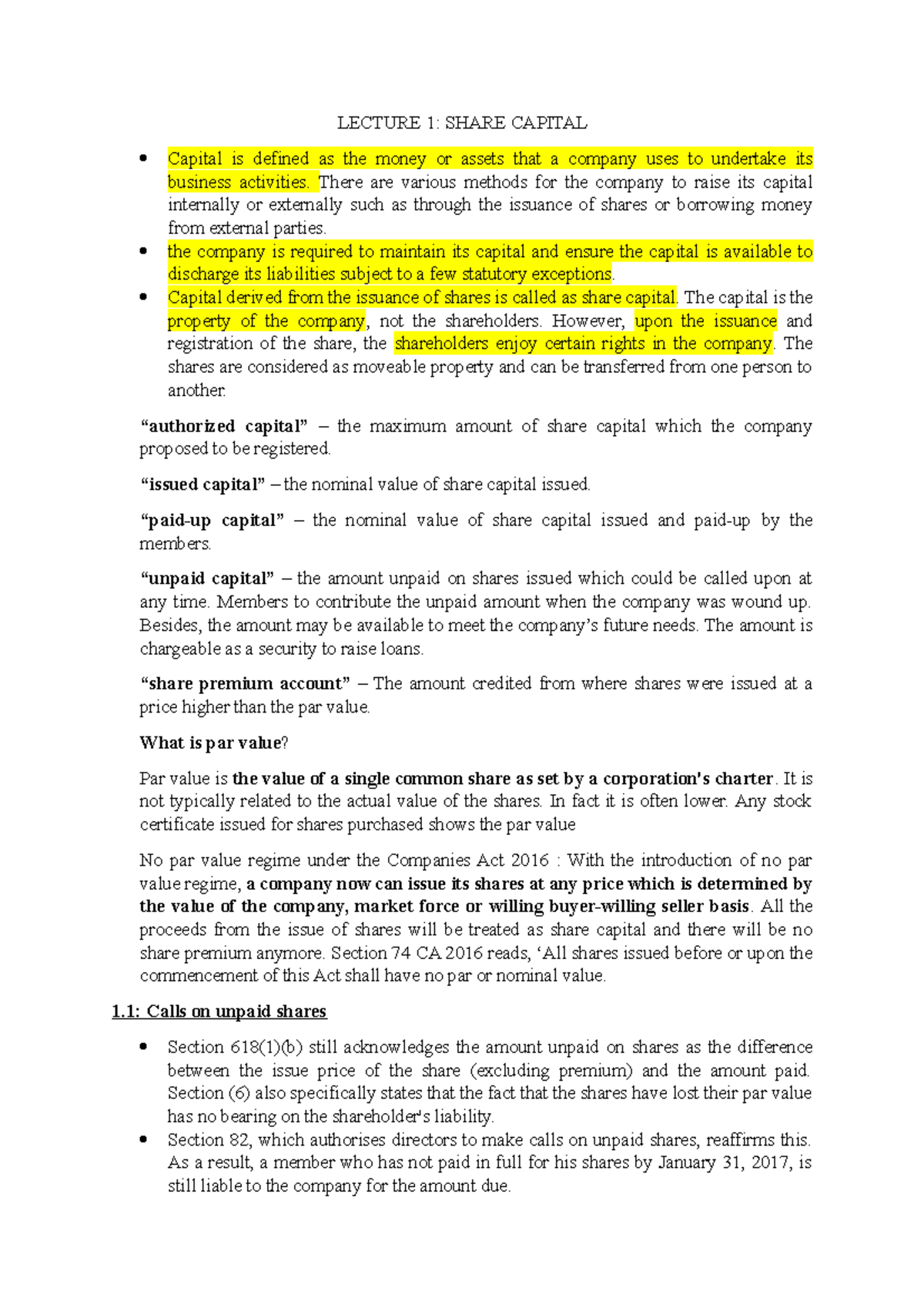 Lecture 1- Notes - based on Essential company law and from other ...