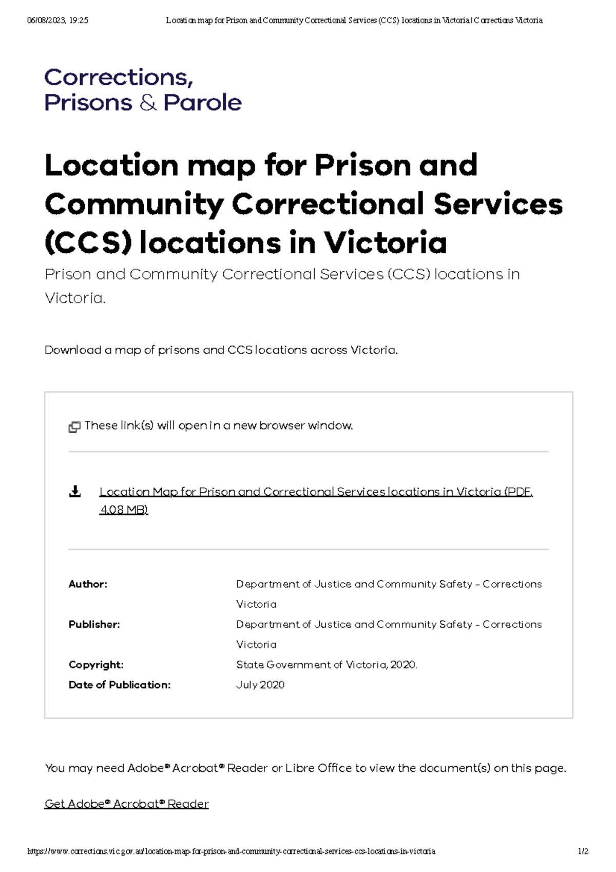 Location map for Prison and Community Correctional Services (CCS) locations in Victoria ...