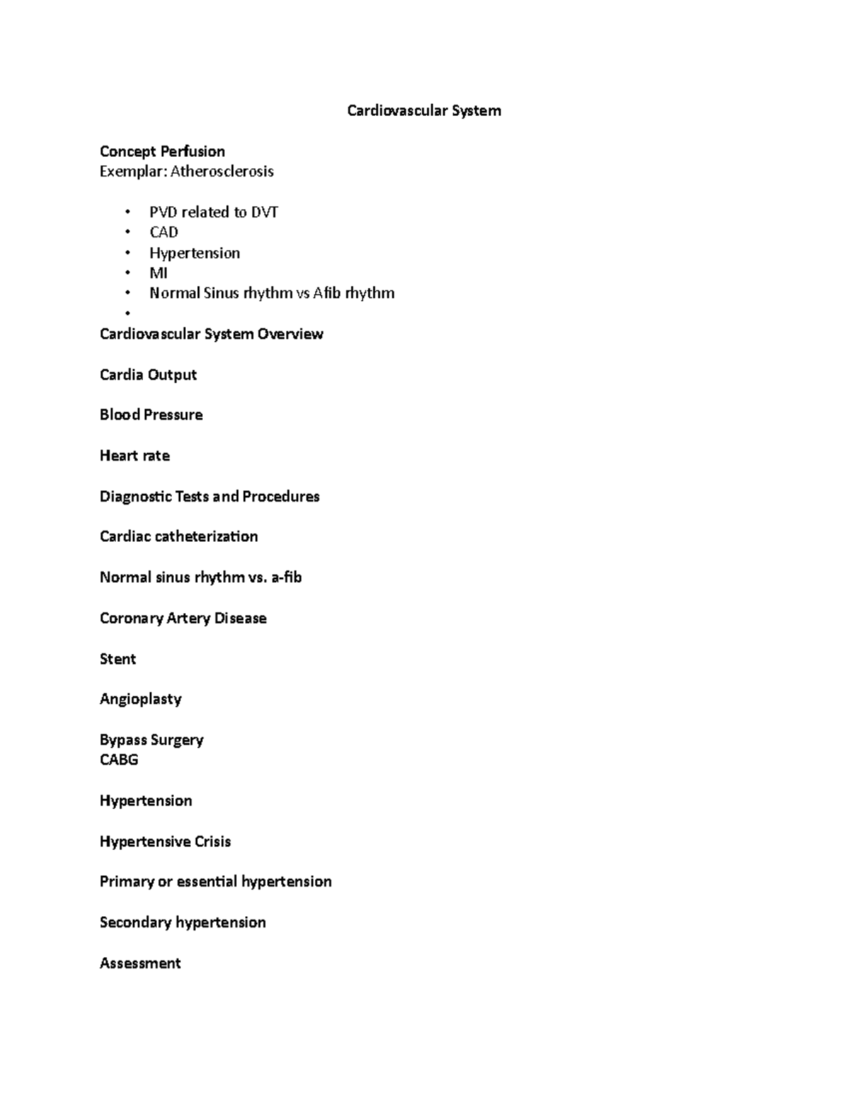 Cardiovascular System Student outline - Cardiovascular System Concept ...