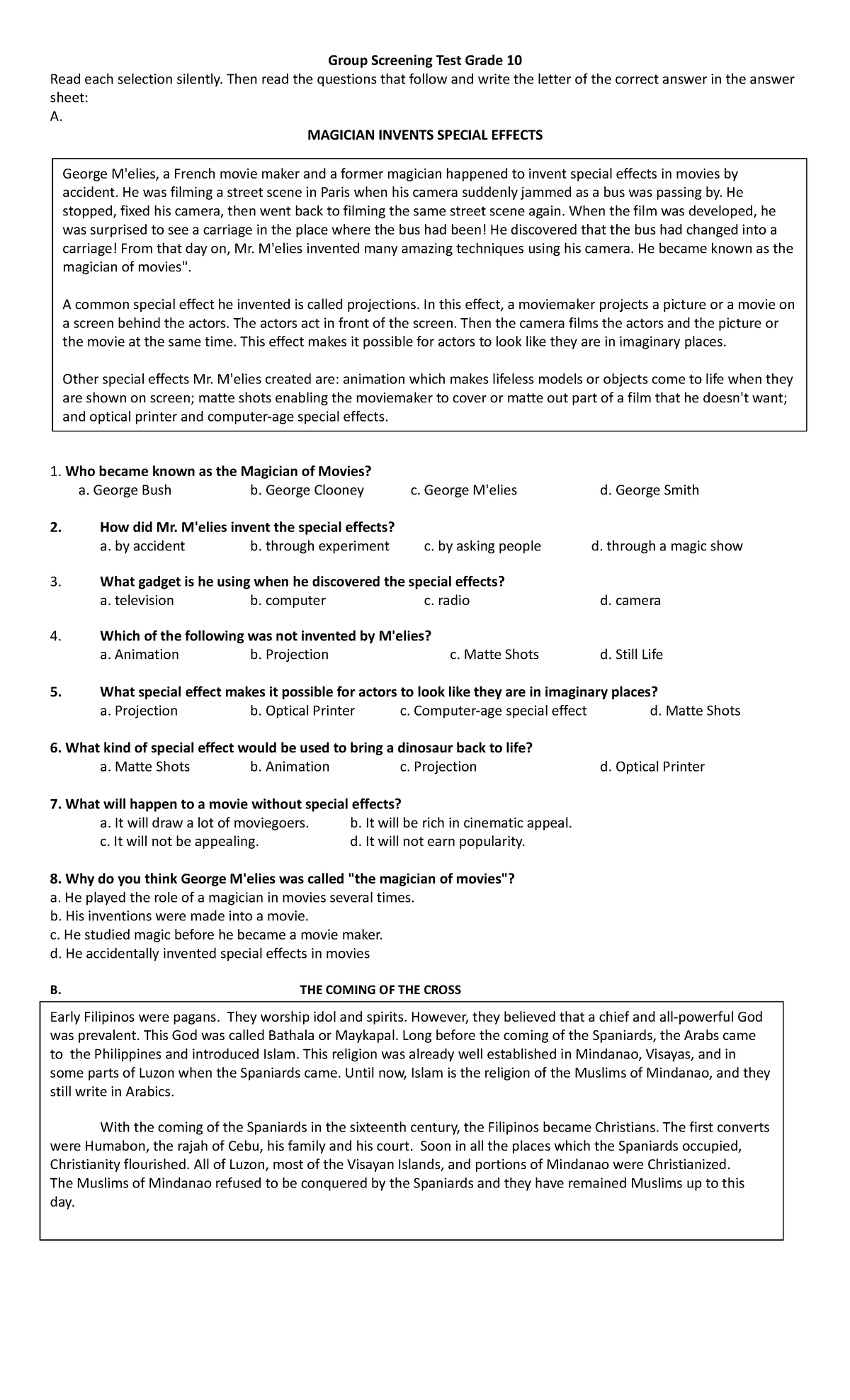 Grade 10 Group Screening Test - Group Screening Test Grade 10 Read each ...