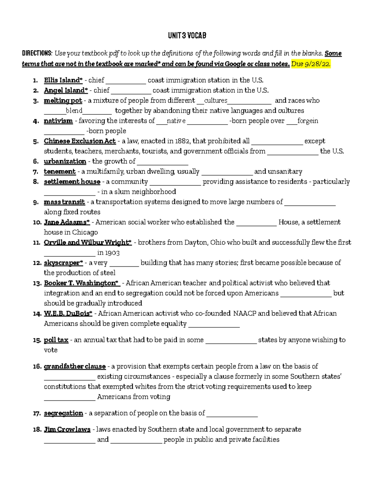 Unit 3 Vocab - 16947404 - Unit 3 Vocab Directions : Use your textbook ...