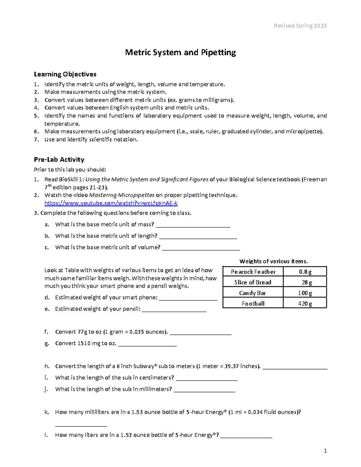 1107 Lab 2 - Metric System and pipetting S23 - Metric System and Pipetting Learning Objectives ...
