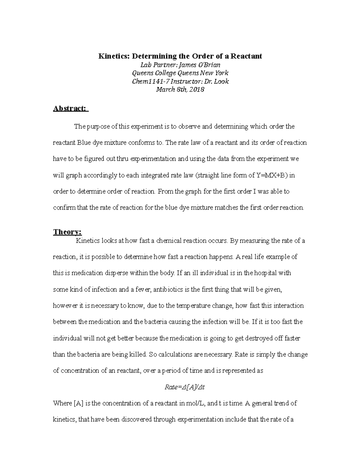 Docx Kinetics Determining The Order Of A Reactant Kinetics