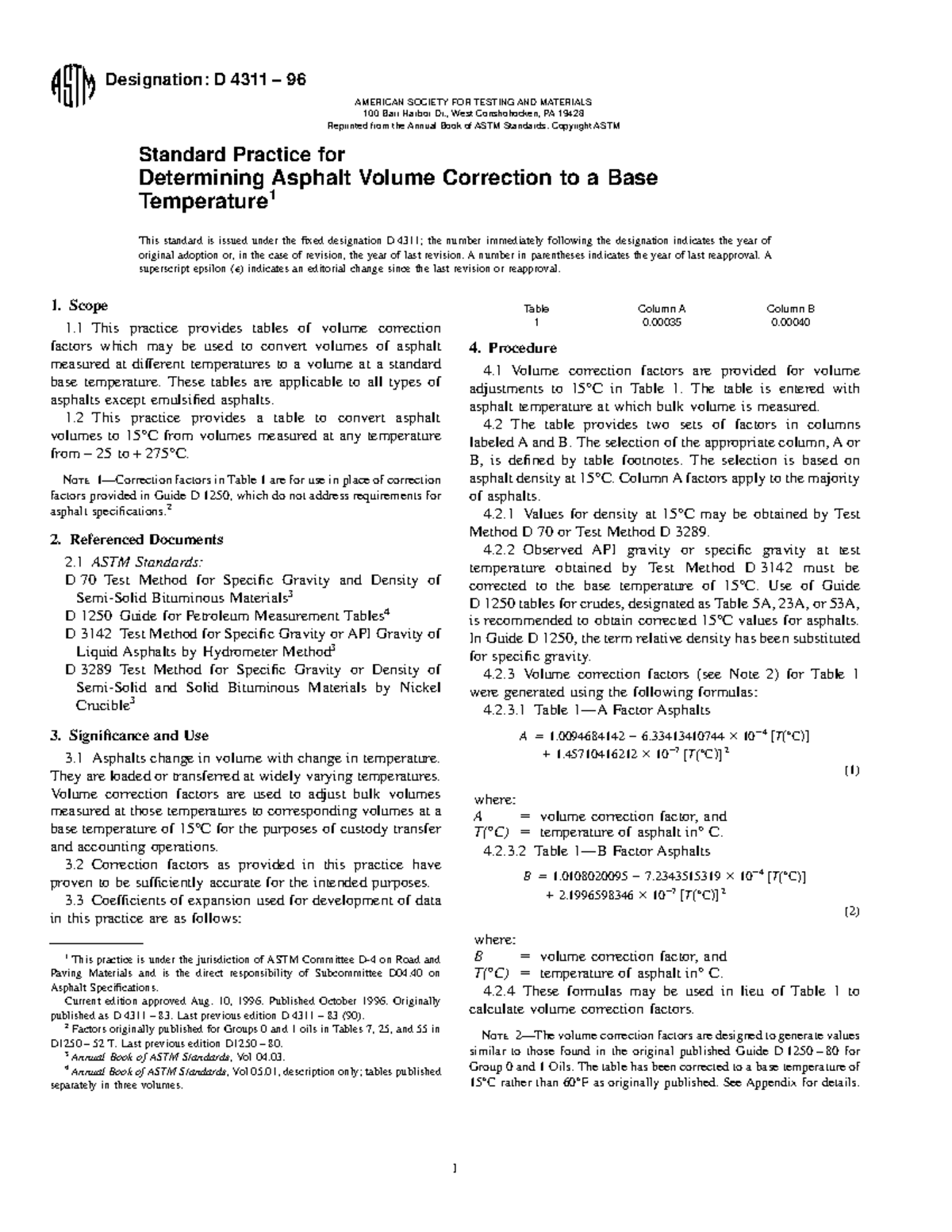 D4311 Determining Asphalt Volume Correction to a Base - Designation: D ...