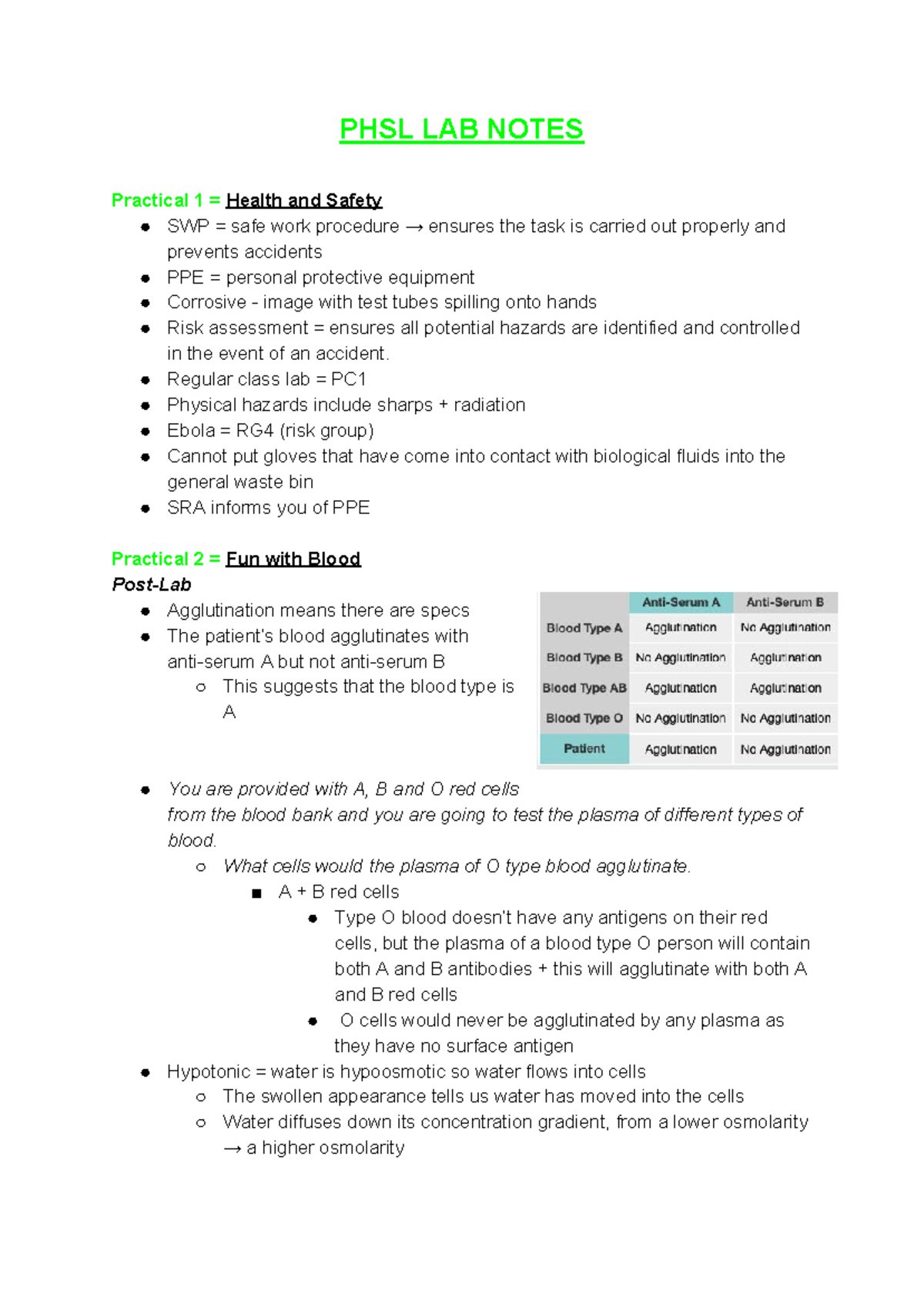 LAB Physiology Notes - PHSL LAB NOTES Practical 1 = Health and Safety ...