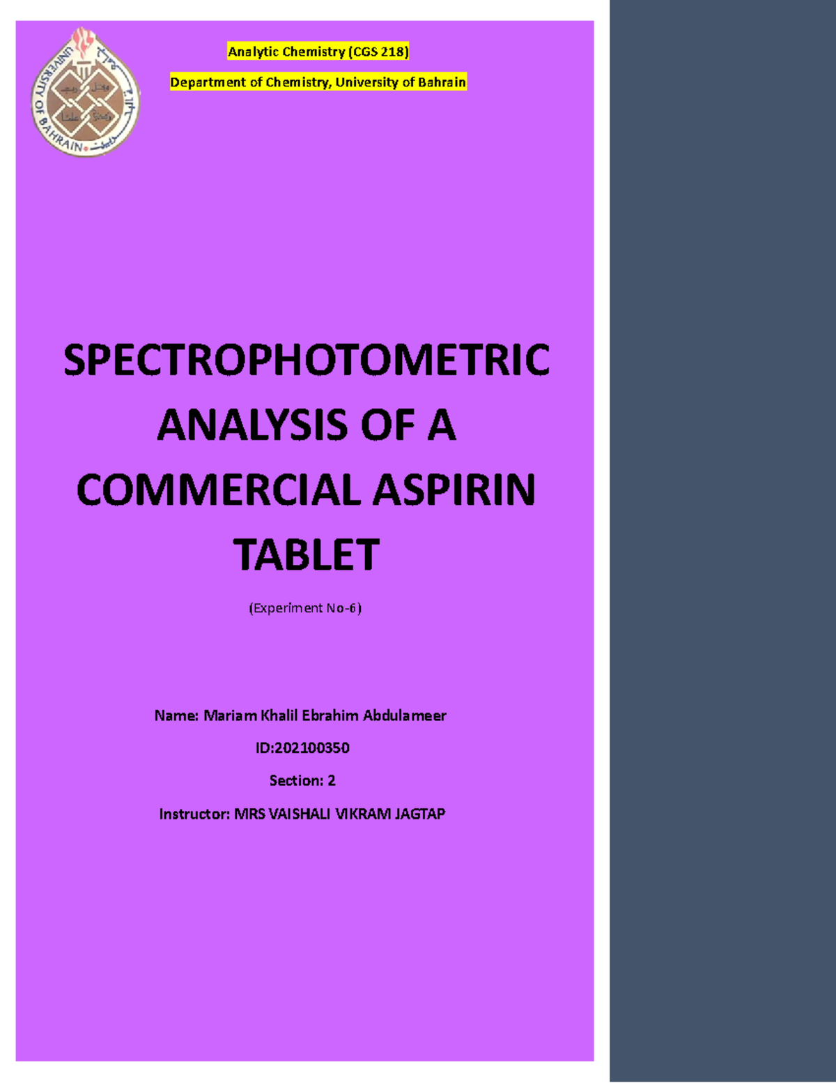 Report 6 - Analytic Chemistry (CGS 218) Department of Chemistry ...
