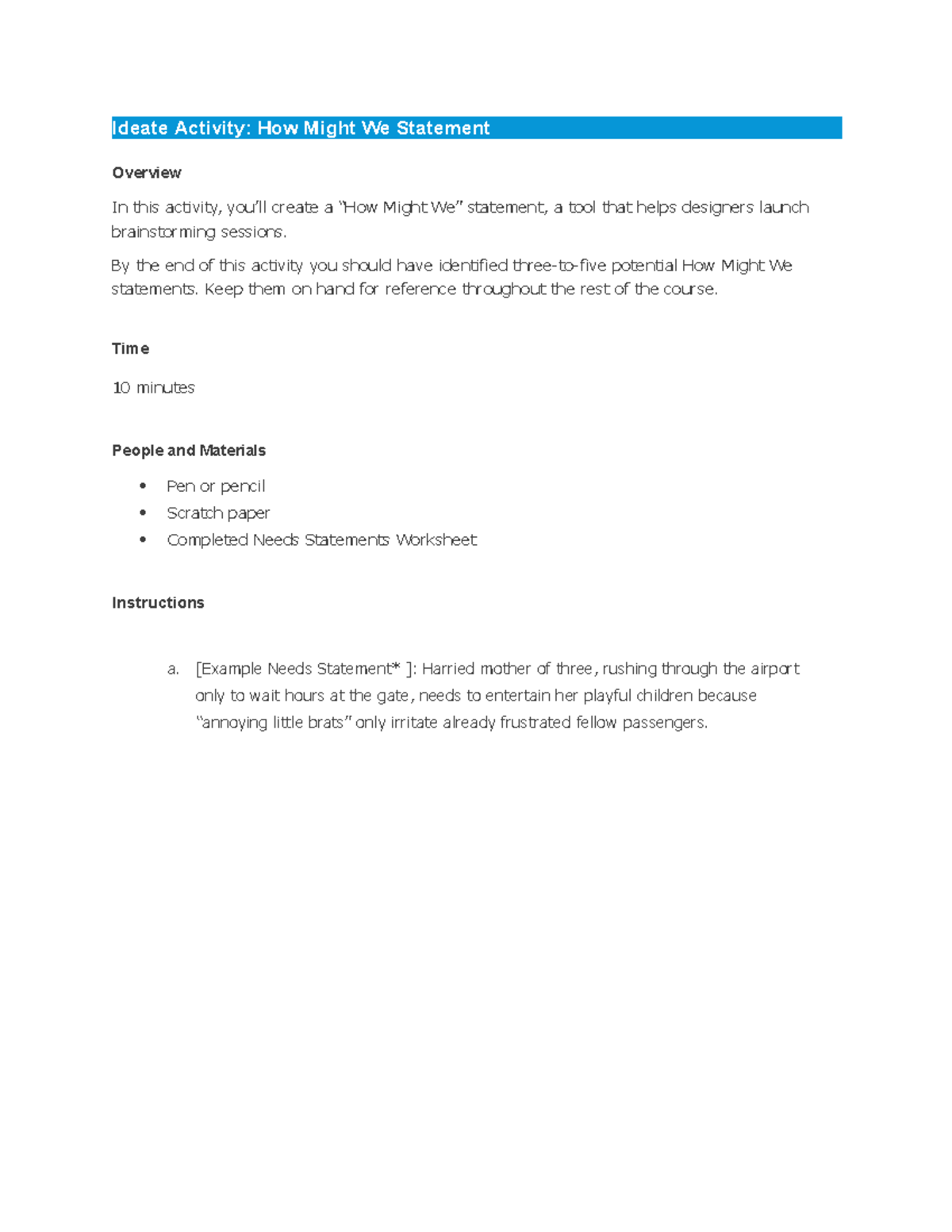 Hmw - AFM - Ideate Activity: How Might We Statement Overview In this ...