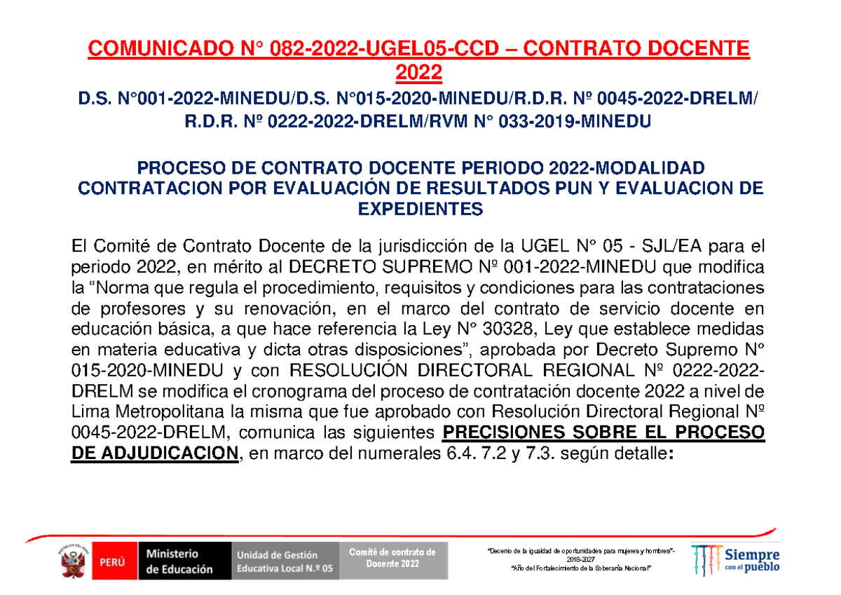 Comunicado 82 - Bdkdj - Comité de contrato de Docente 2022 “Decenio de ...