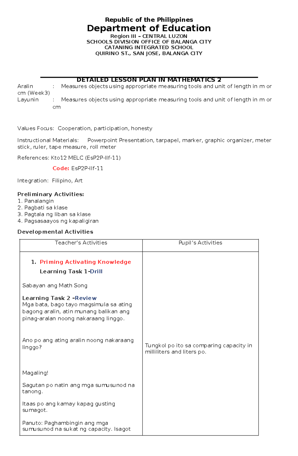 Detailed Lesson PLAN IN Mathematics 2 - Republic of the Philippines ...