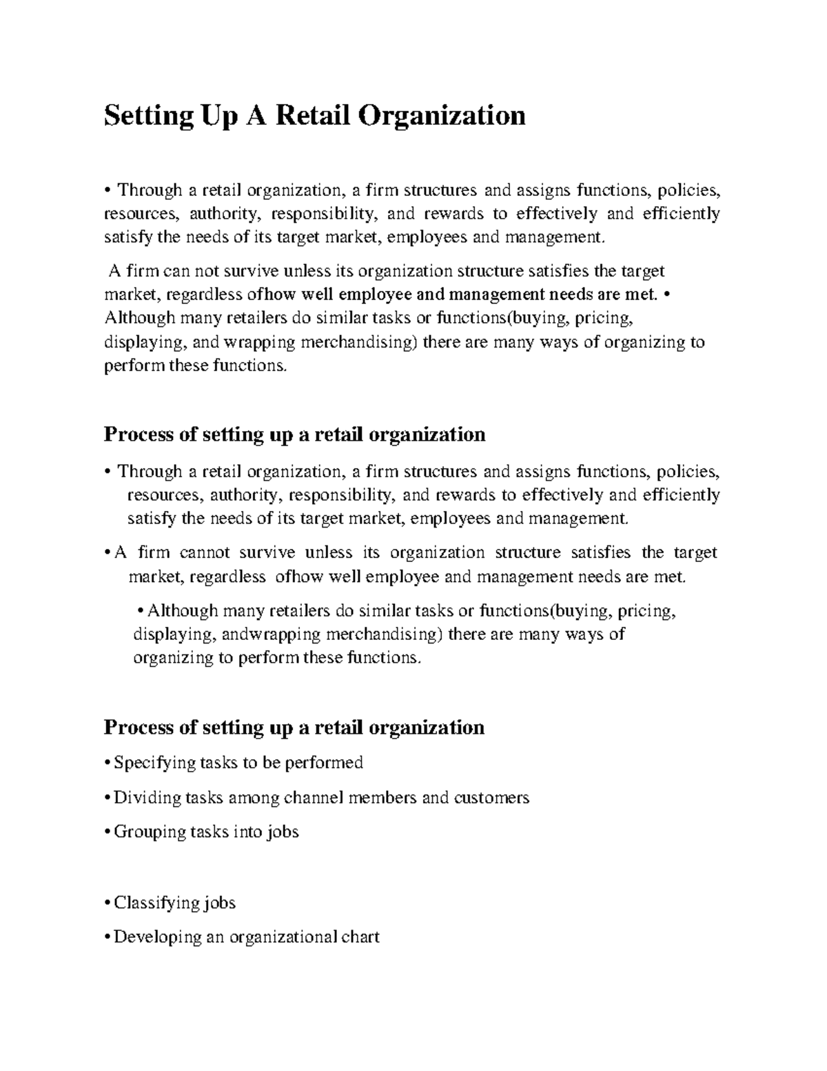 Setting Up A Retail Organization - A firm can not survive unless its ...