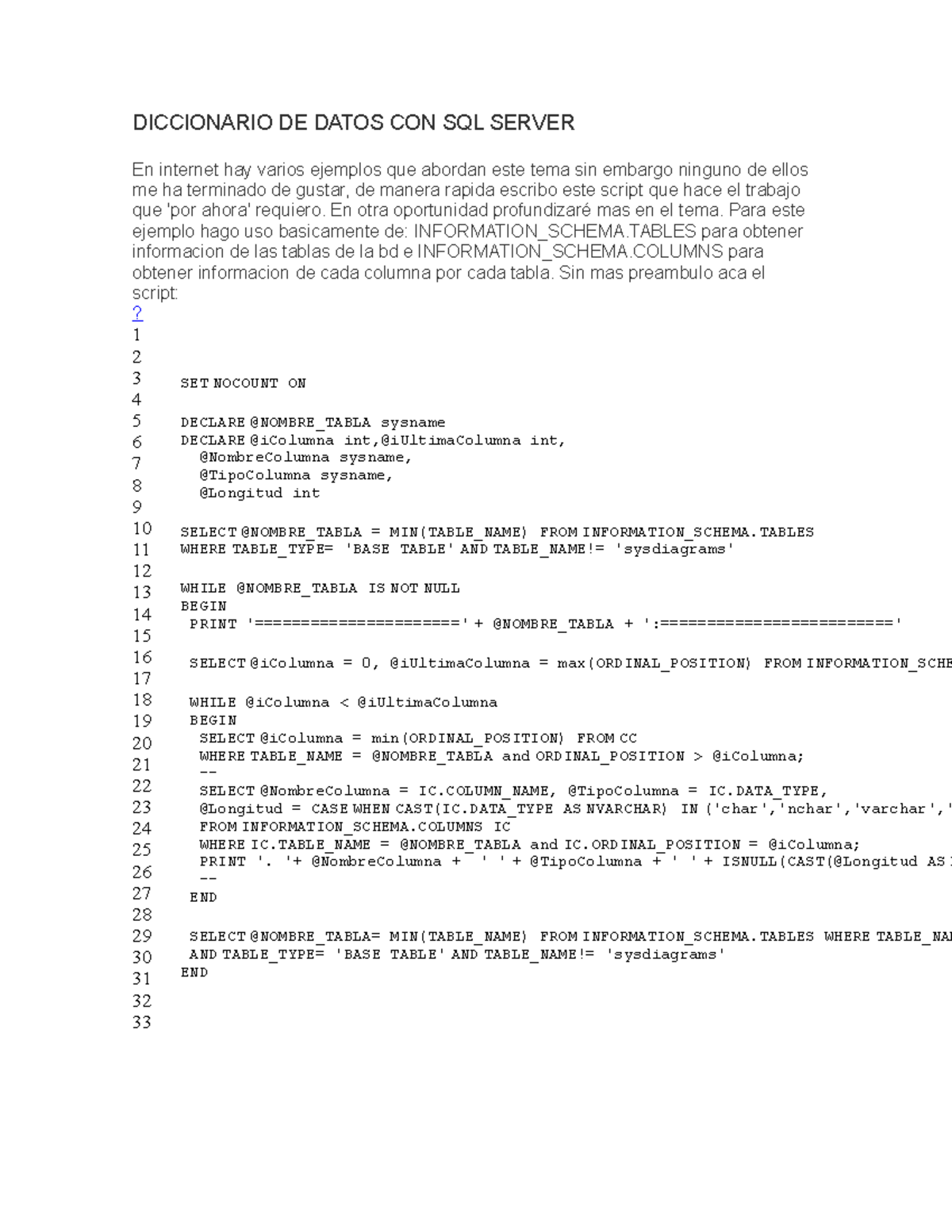Diccionario de datos con sql server 2 - Base De Datos I - UNI - Studocu