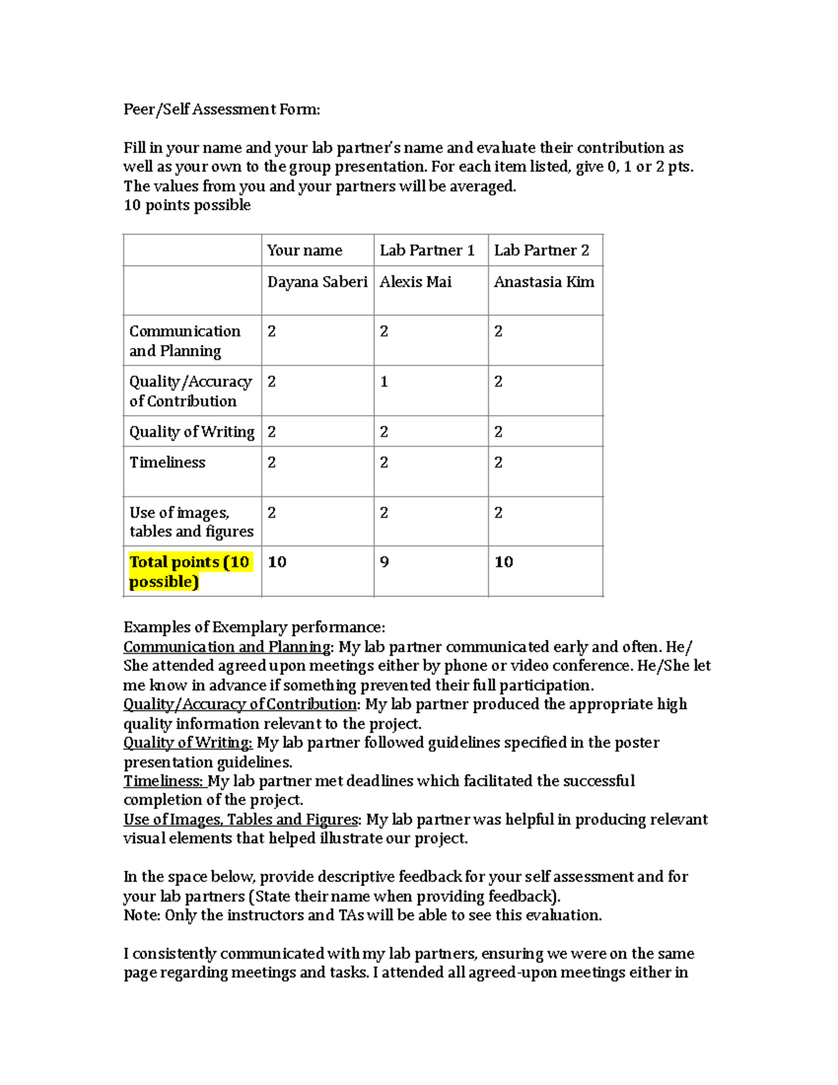 Peer-self - lecture - Peer/Self Assessment Form: Fill in your name and ...