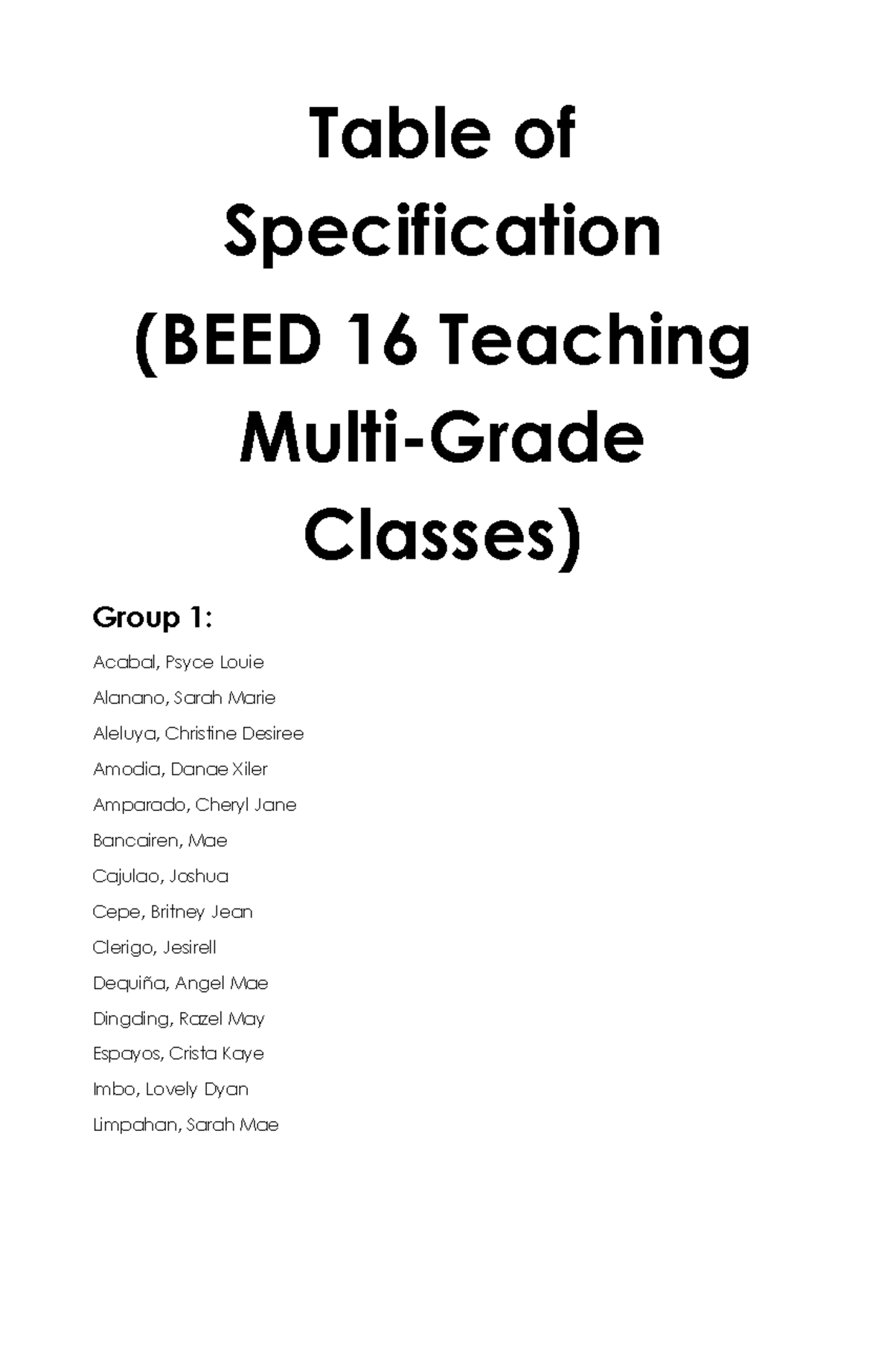 Final- Edited-TOS- Multi - Table of Specification (BEED 16 Teaching Multi-Grade Classes) Group 1 ...