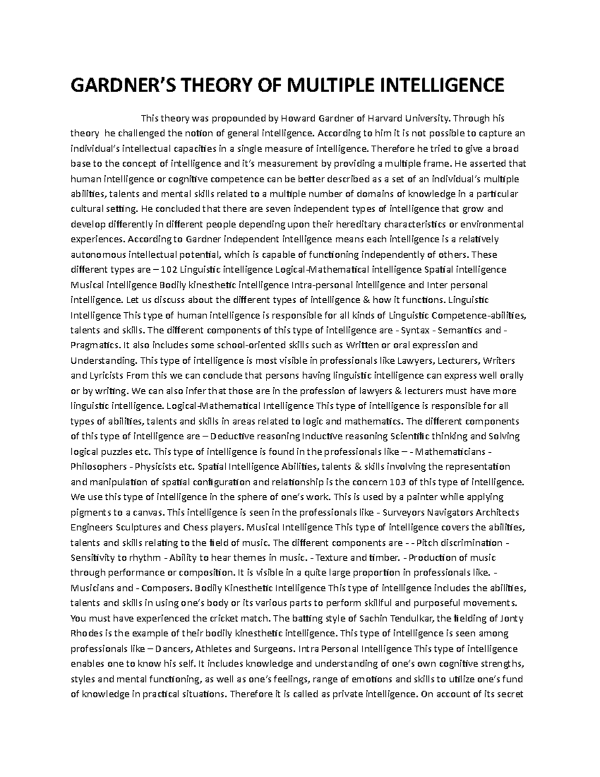 Multiple Intelligence - GARDNER’S THEORY OF MULTIPLE INTELLIGENCE This ...