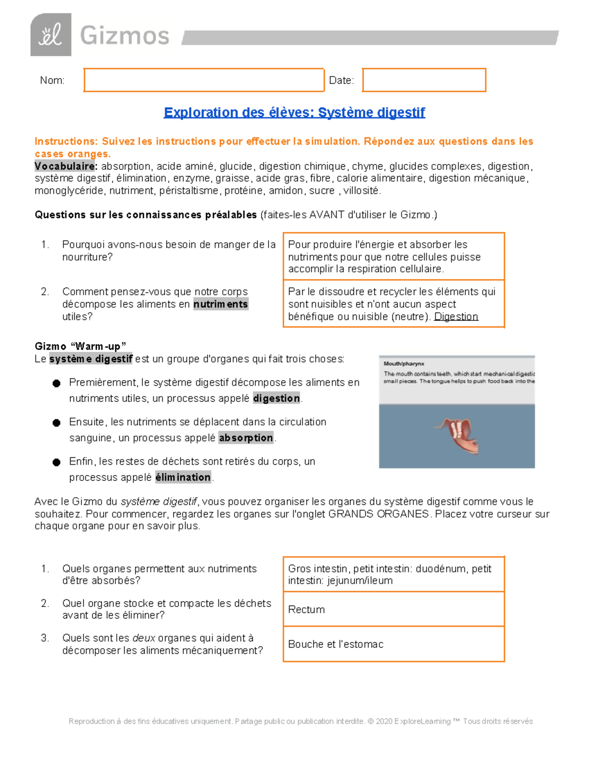 Biologie 11- Gizmo Digestive System Worksheet FR - Nom: Date ...