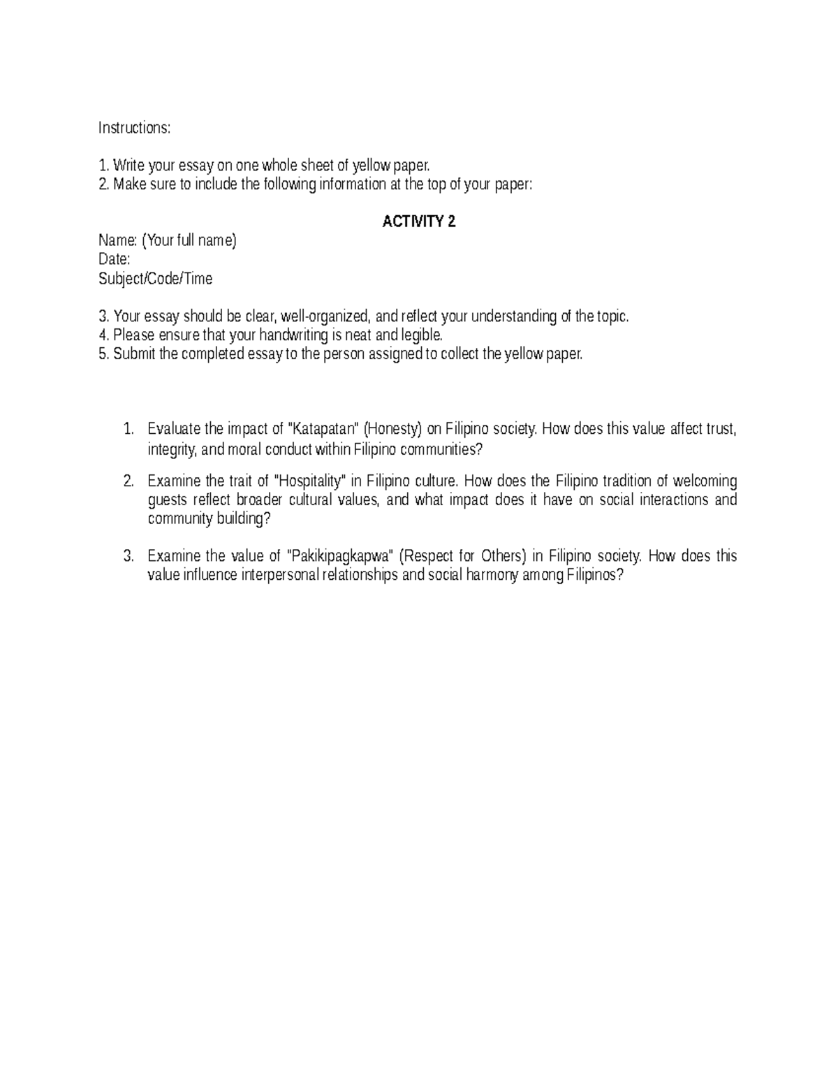 Activity-No - Study - Instructions: Write your essay on one whole sheet ...