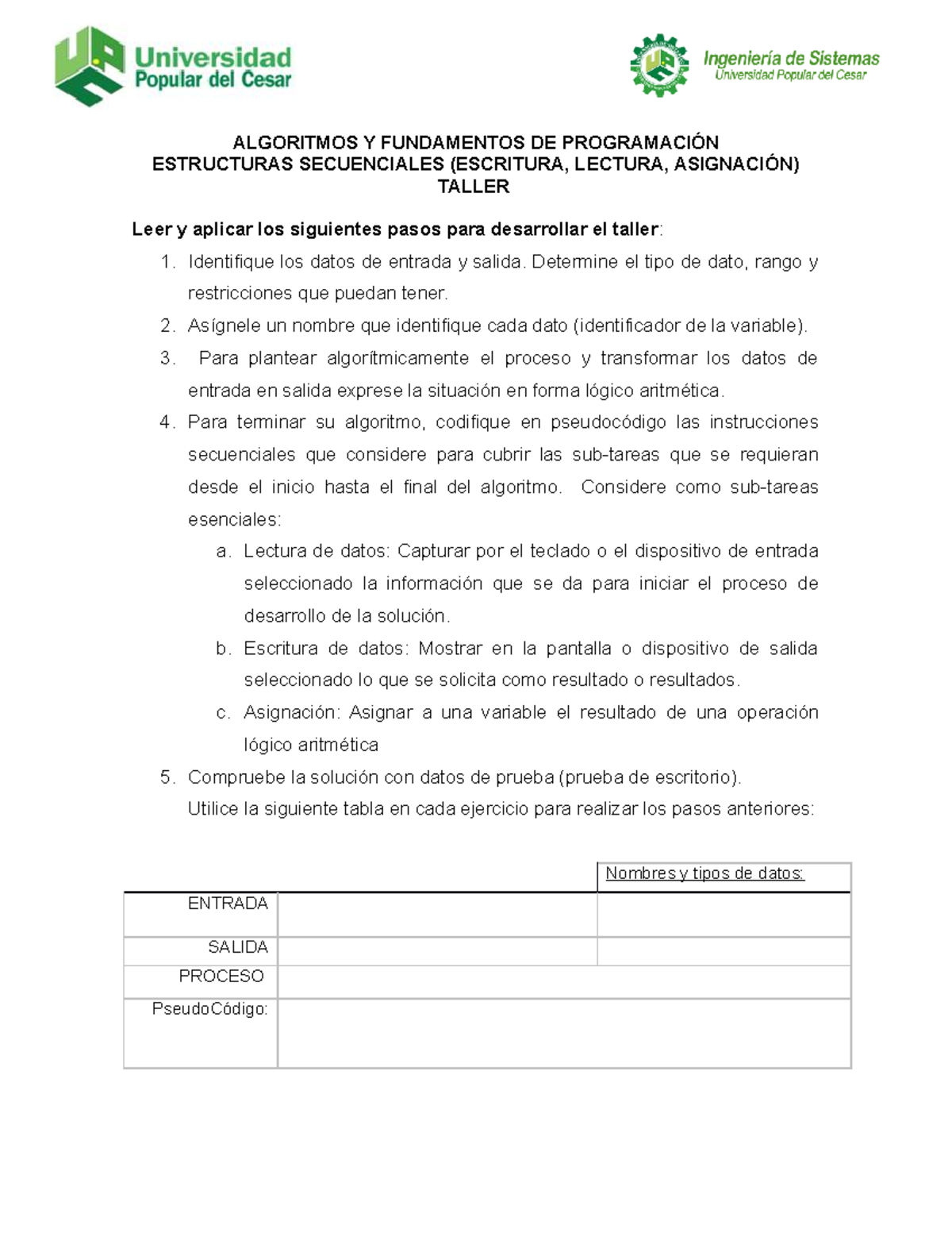 Taller Estructuras secuenciales - ALGORITMOS Y FUNDAMENTOS DE ...