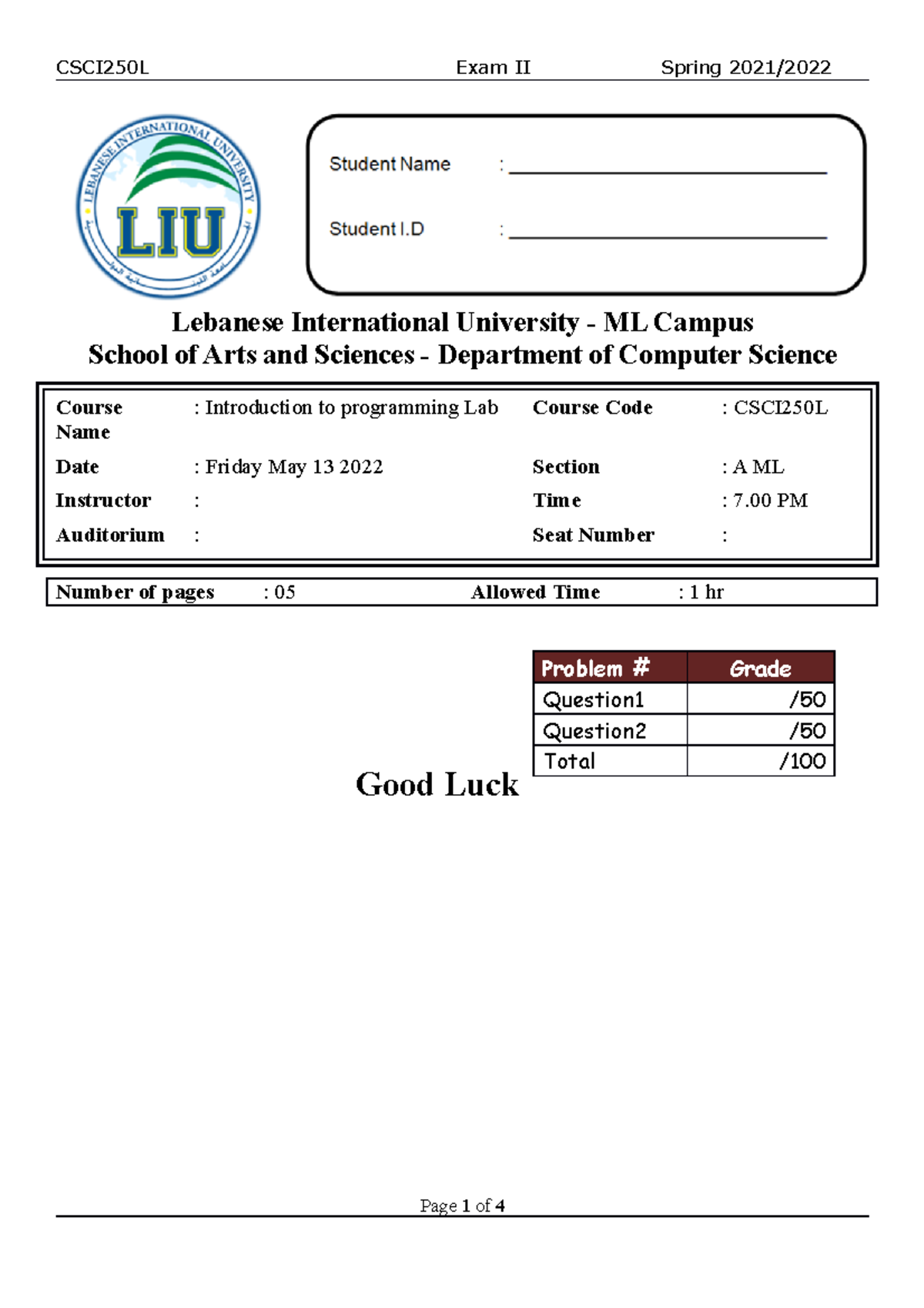 CSCI250 L Exam 2 Spring 22 - Lebanese International University - ML ...