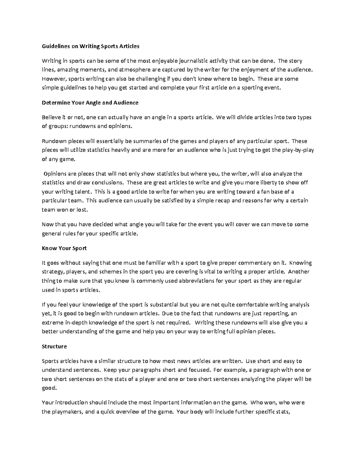 Guidelines on writing sports articles - Guidelines on Writing Sports ...