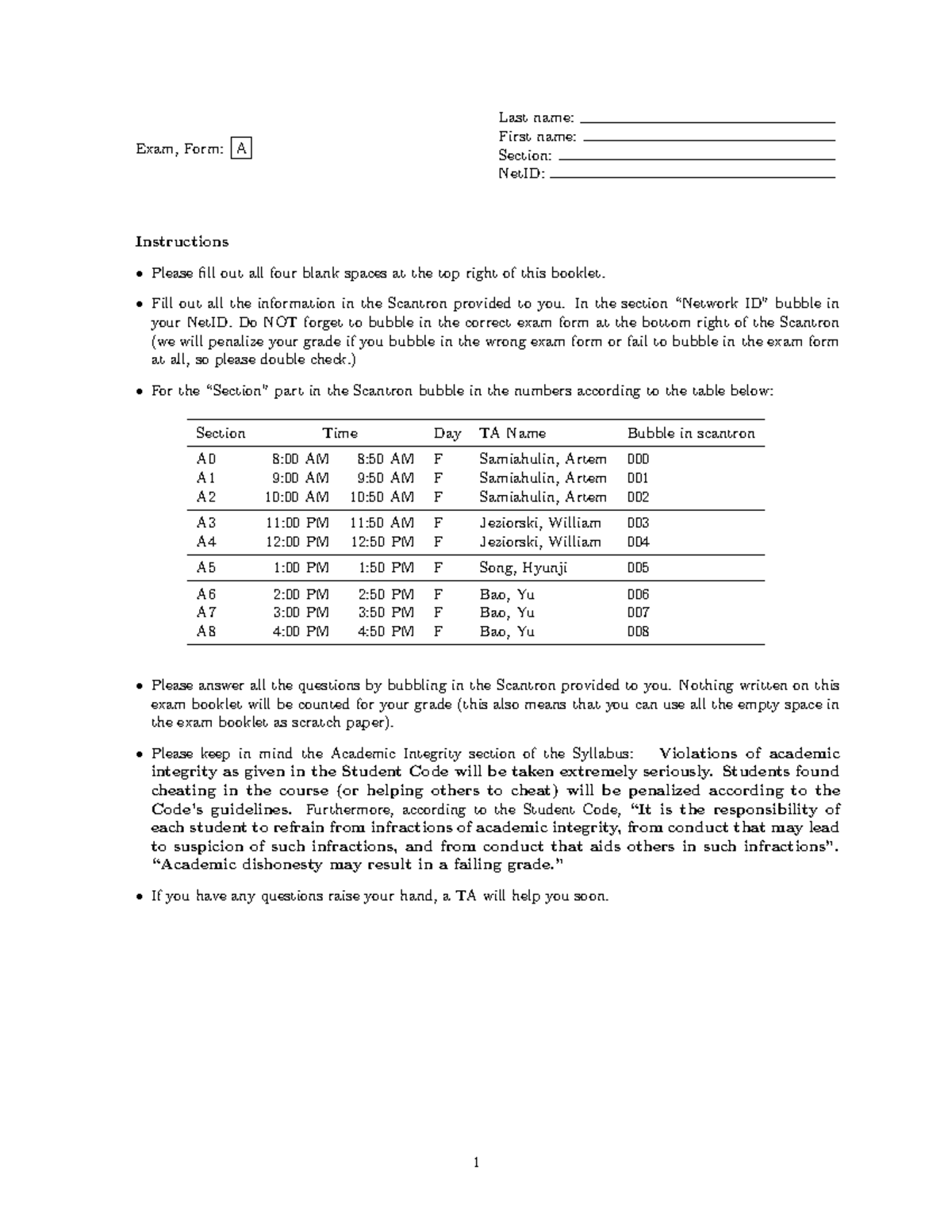 ECON 203 FA23 Practice Midterm III 2 - Exam, Form: A Last name: First name: Section: NetID ...
