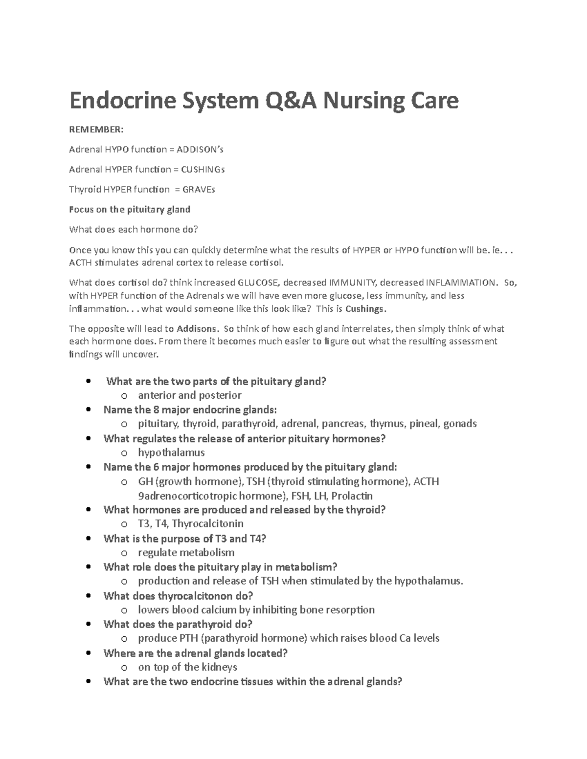 Endocrine System Notes-2 - Endocrine System Q&A Nursing Care REMEMBER ...