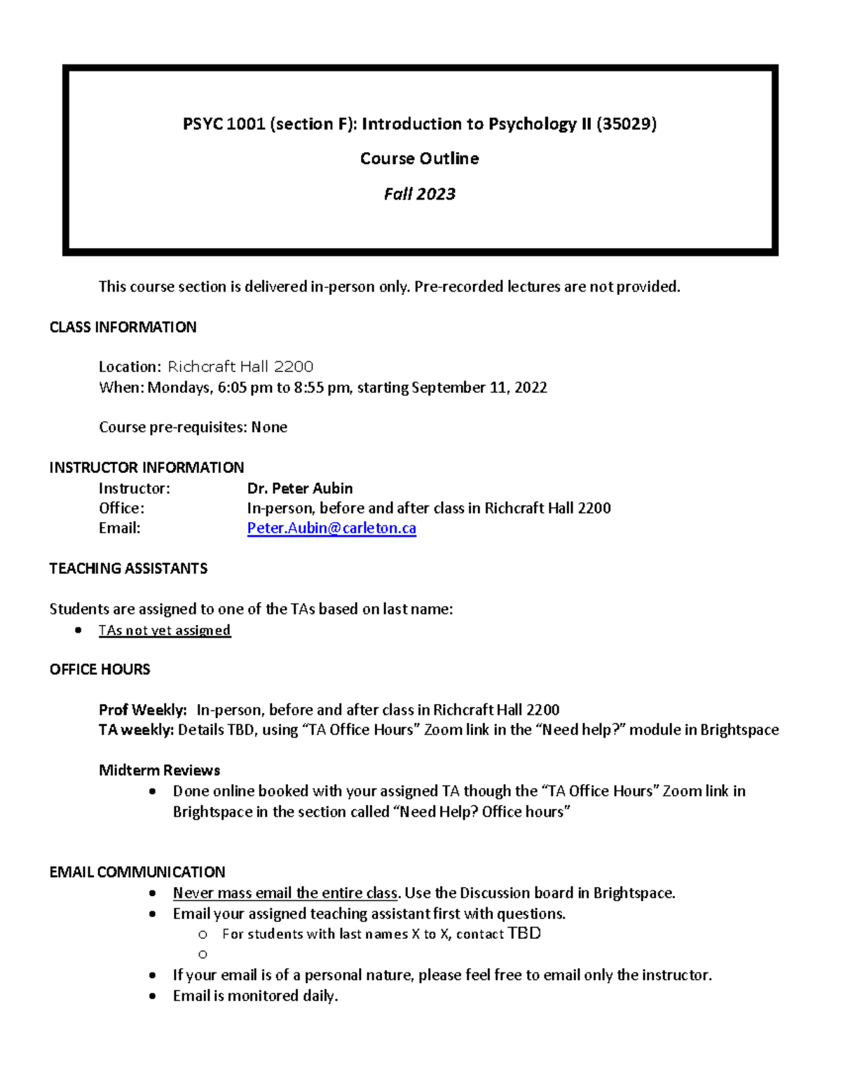 PSYC 1001 F syllabus Fall 2023 - IN Person v1 - This course section is ...